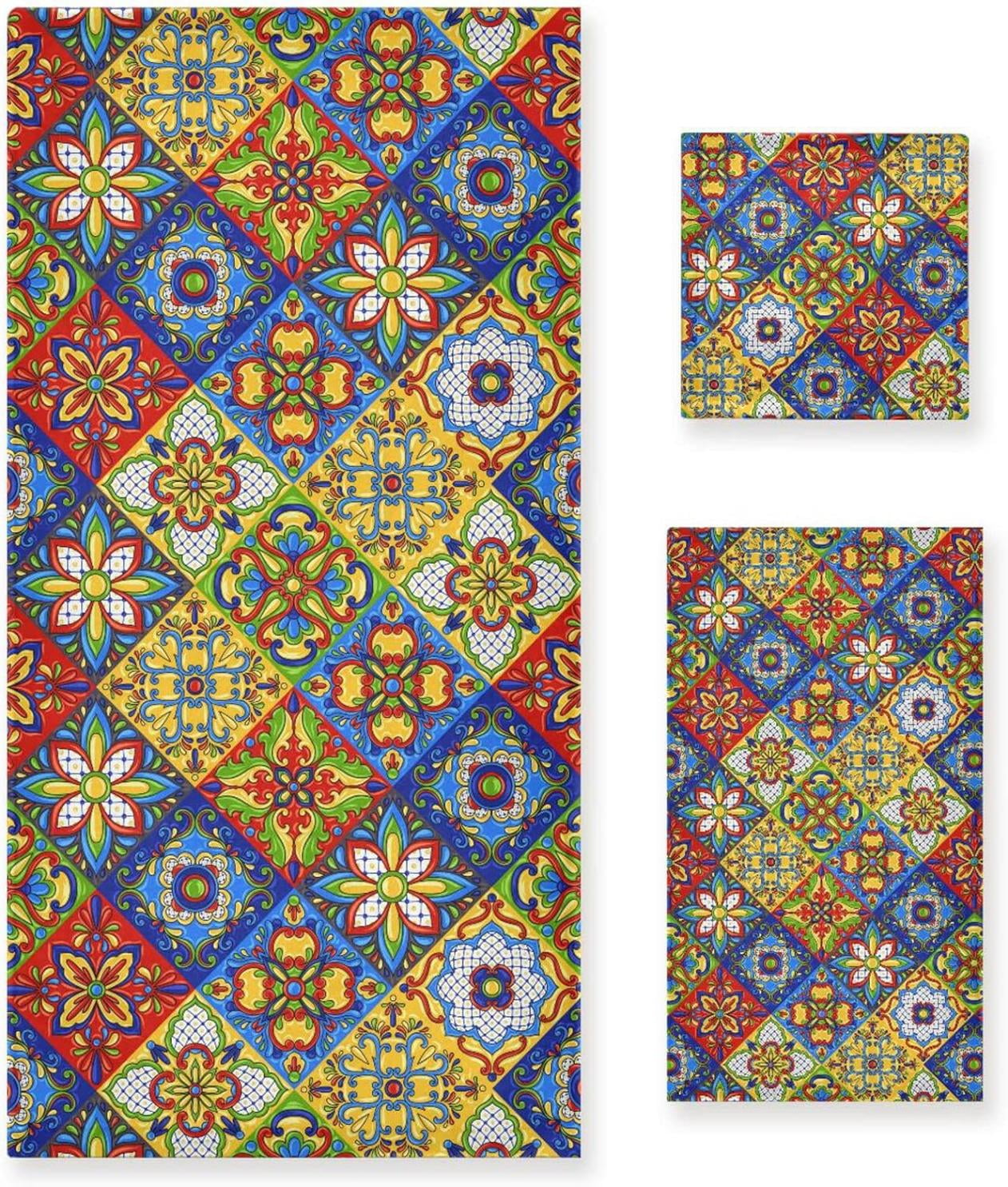 Coolnut 3 PCS Towel Mexican Talavera Ceramic Cotton Bath Towel Set (1 ...