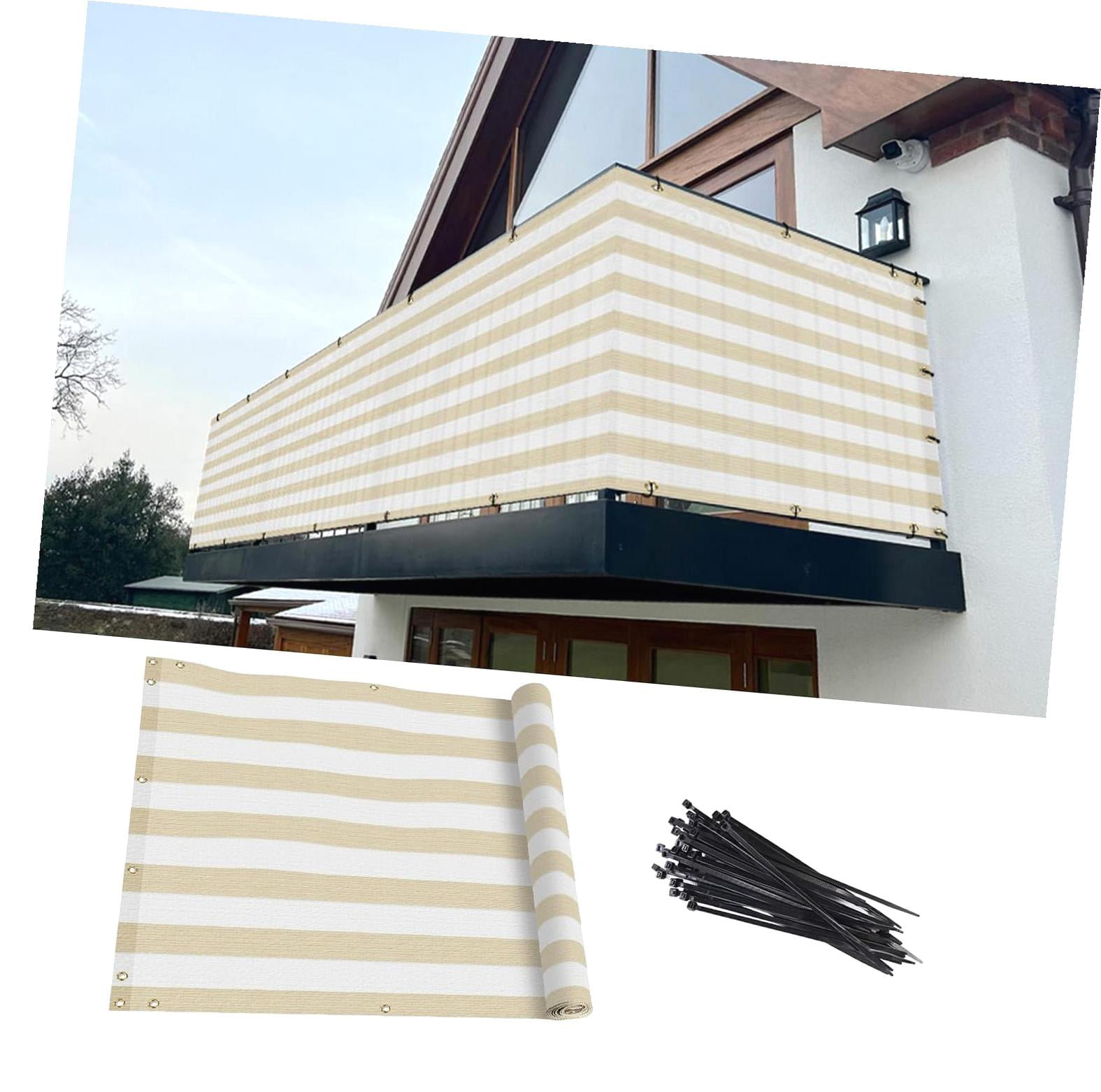Coolnut 3' x 15' White & Beige Stripes Balcony Privacy Screen Fence ...