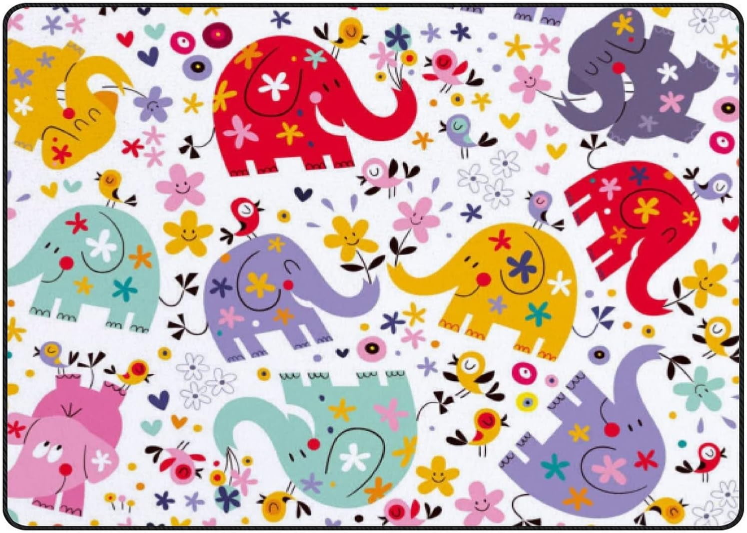 Coolnut 5'3" x 4' (63 x 48 in) Area Rug, Colorful Elephants Birds ...