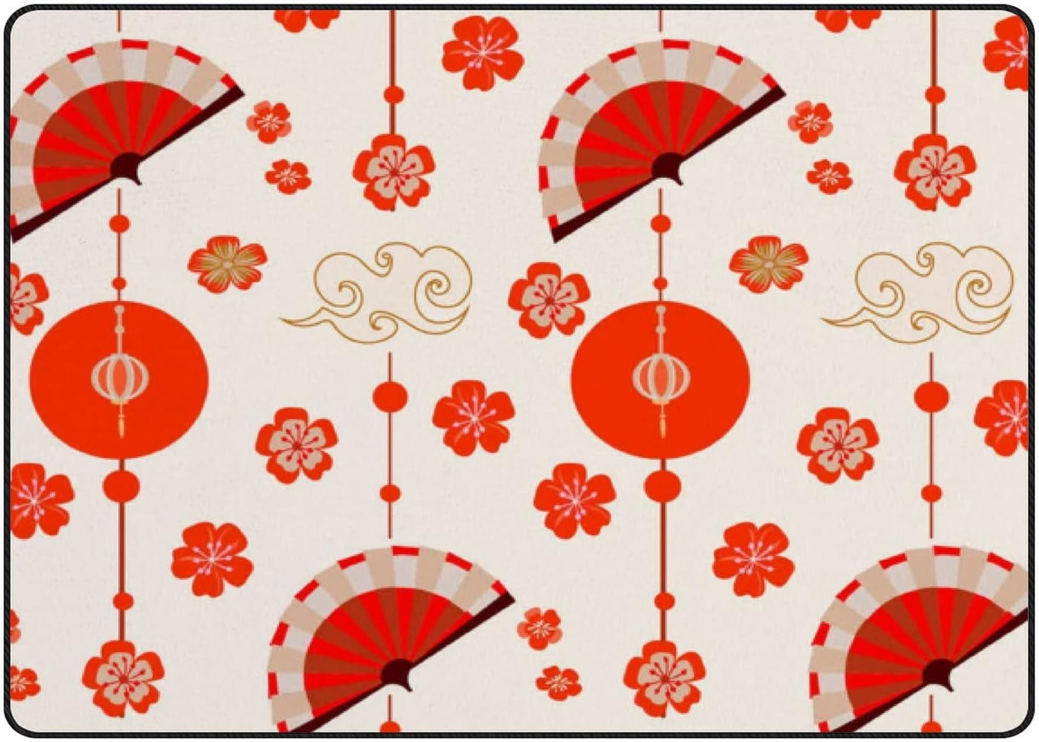 Coolnut 5'3" x 4' (63 x 48 in) Area Rug, Fans and Sakura Flowers ...