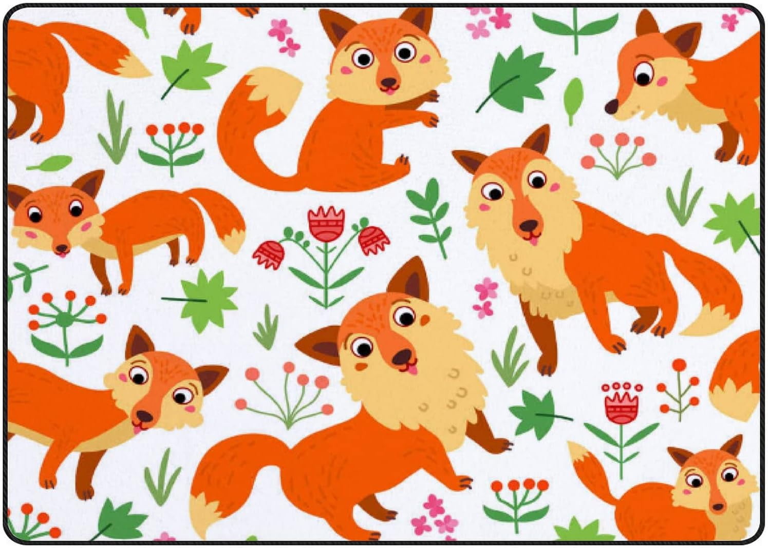 Coolnut 5'3" x 4' (63 x 48 in) Area Rug, Fox Flowers Leaves Nursery Rug ...