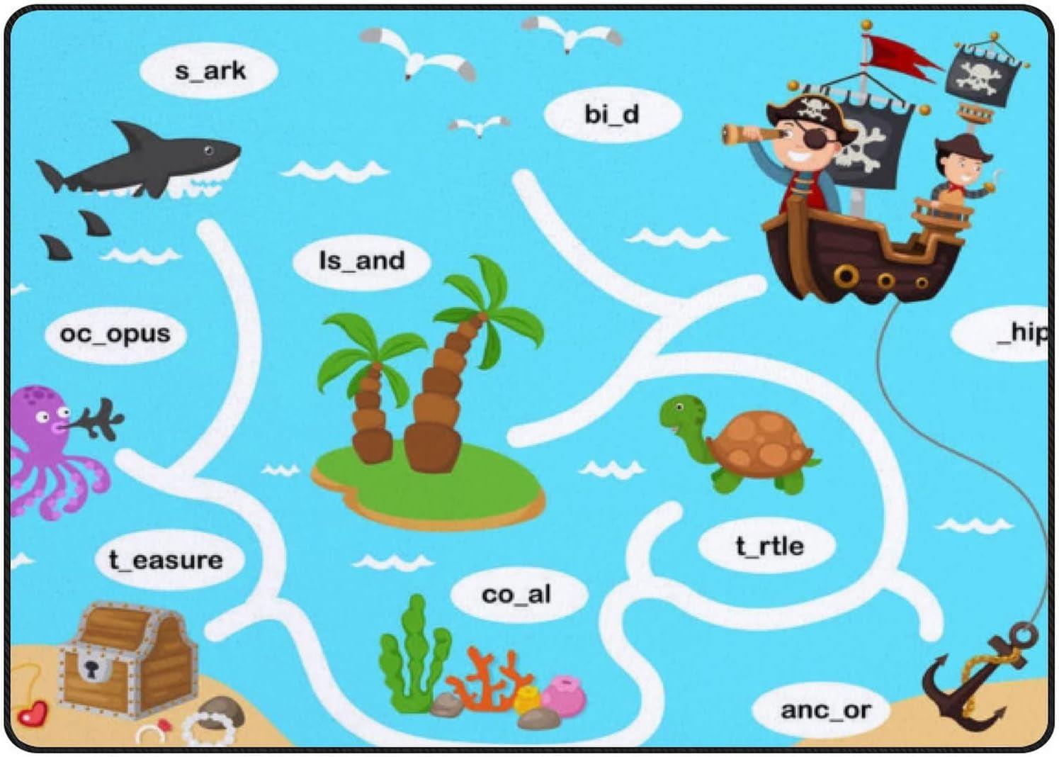 Coolnut 5'3" x 4' (63 x 48 in) Area Rug, Pirate Sea Animals Maze Game ...