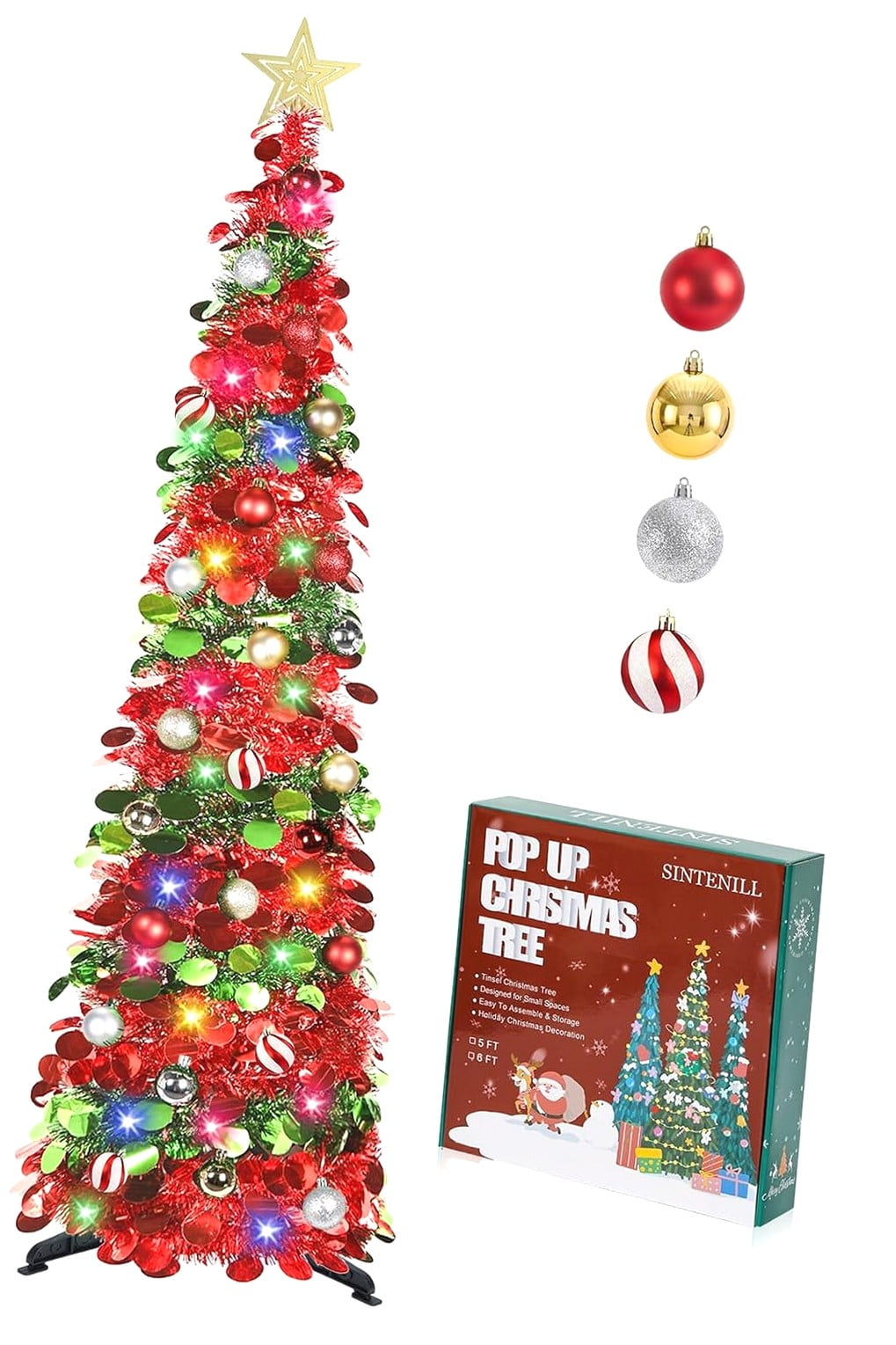Coolnut 5 FT Christmas Tree with Timer Lights and Decorations, Red ...
