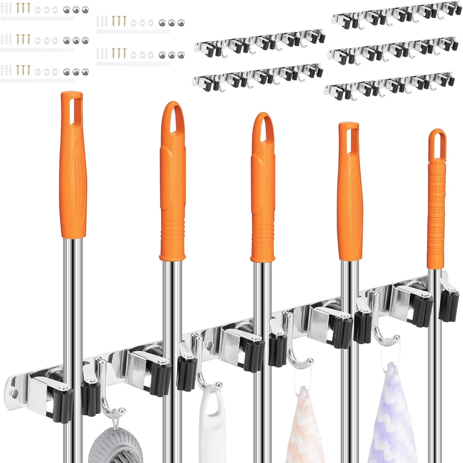 Coolnut 5Pcs 5 Racks 4 Hooks Stainless Steel Broom Mop Holder Anti Slip ...
