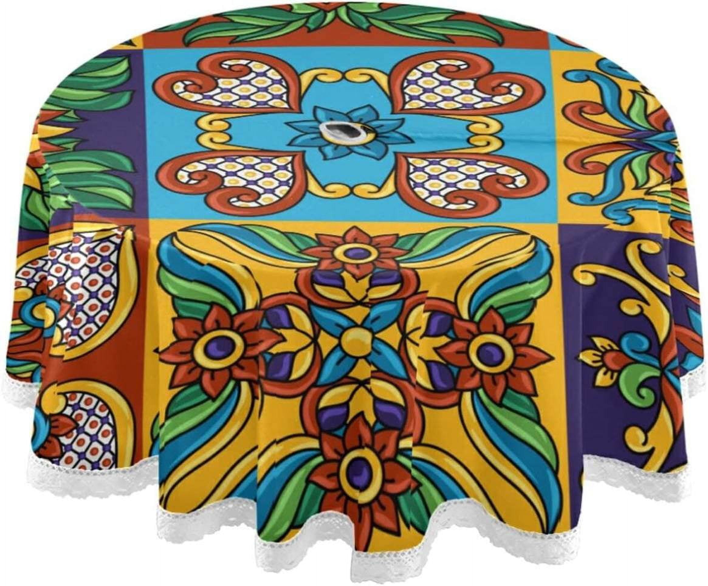 Coolnut 60" Mexican Talavera Ceramic Tile Pattern Round Tablecloth 60In ...
