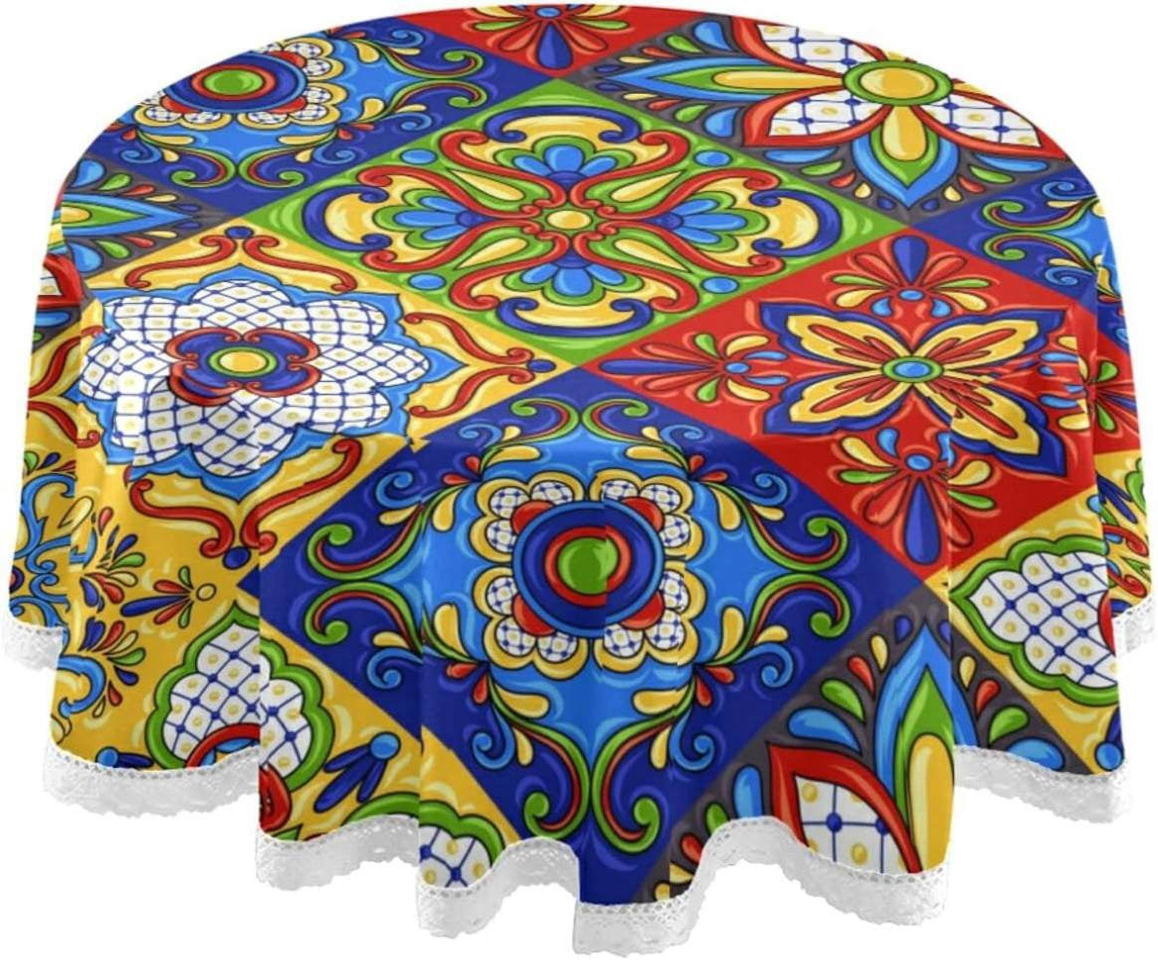 Coolnut 60" Mexican Talavera Ceramic Tile Pattern Round Tablecloth ...