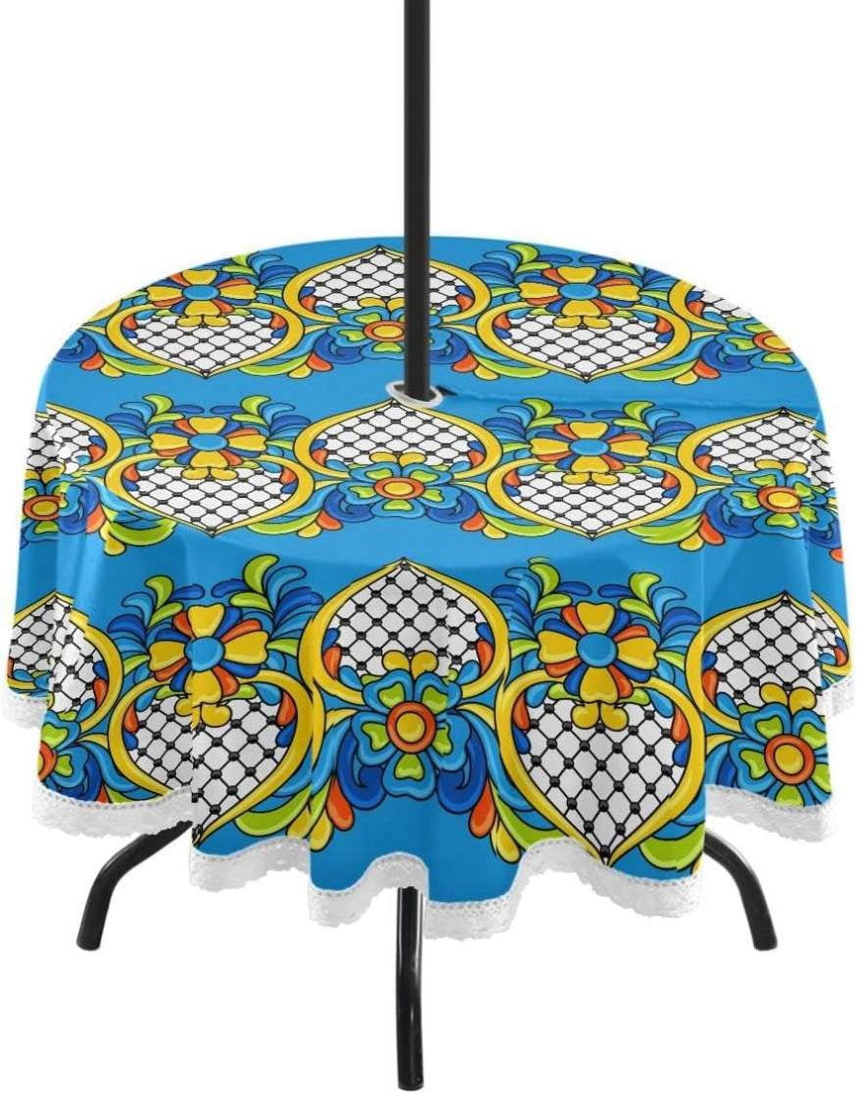 Coolnut 60" Mexican Talavera Outdoor Tablecloth with Umbrella Hole and ...