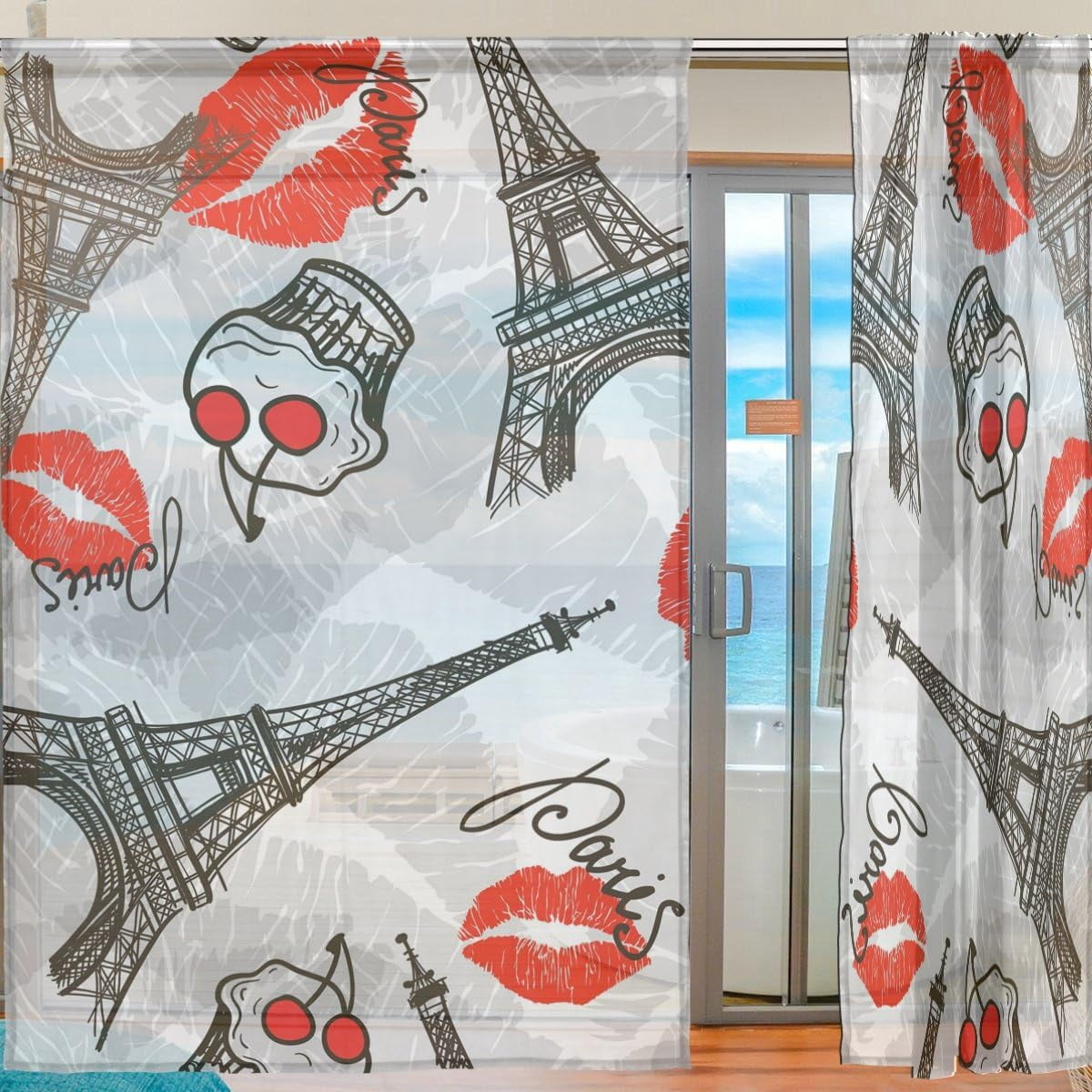Coolnut Abstract Paris Symbols Sheer Gauze Door Curtain Window Curtain ...