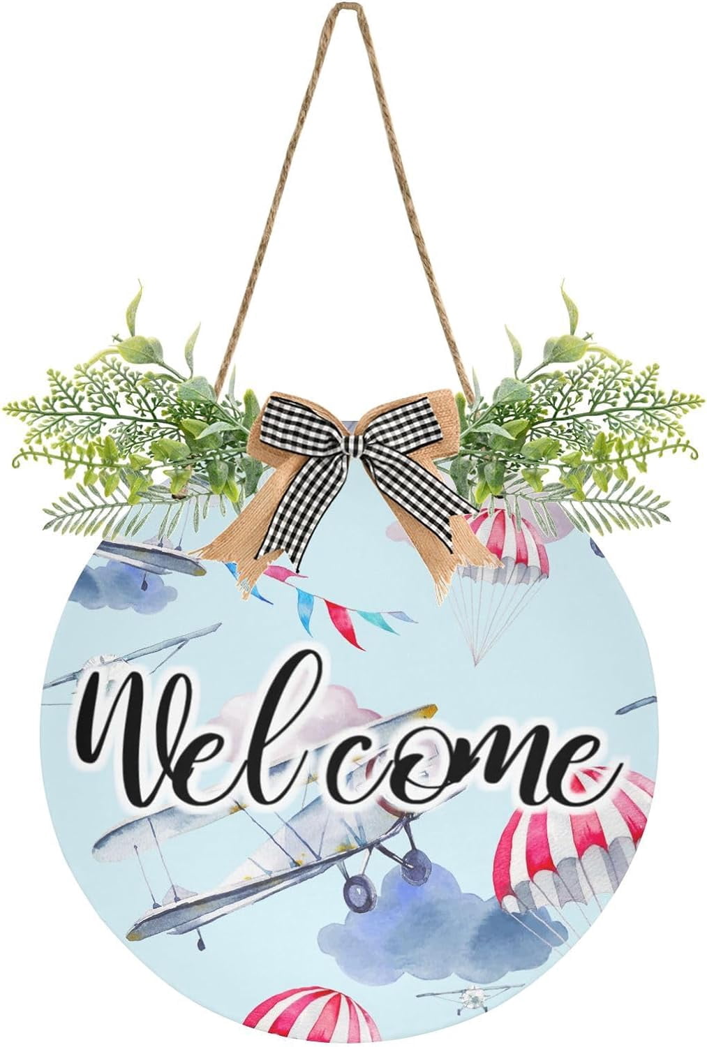 Coolnut Airplane and Parachute Front Door Round, Hanging Welcome Sign ...