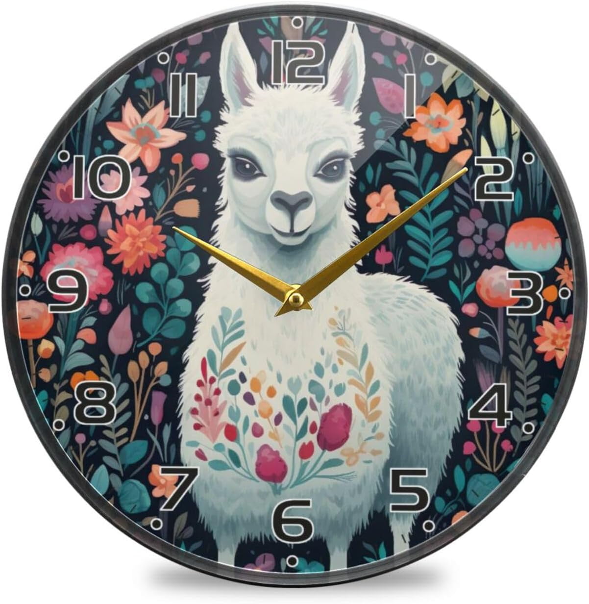 Coolnut Alpaca Wildflowers Wall Clock Round Silent Non Ticking Battery ...