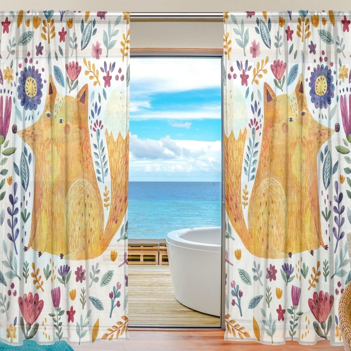 Coolnut Amazing Floral Art Fox On Beige Sheer Gauze Door Curtain Window ...