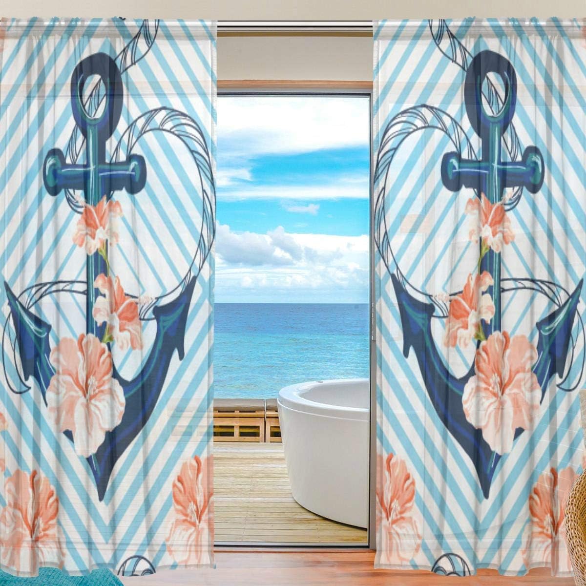 Coolnut Anchor and Hibiscus Semi Sheer Curtains Window Voile Drapes ...