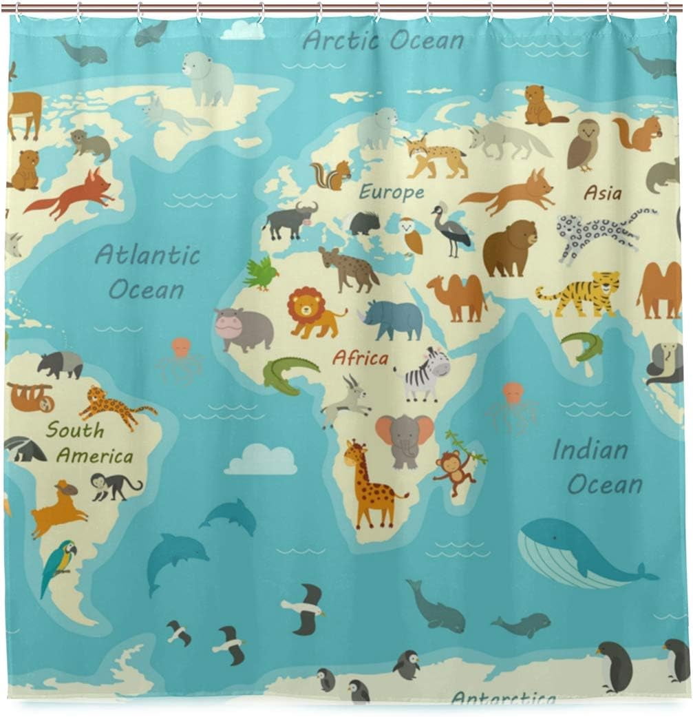 Coolnut Animals World Map Bath Shower Curtain Liners 72x72in 100% ...