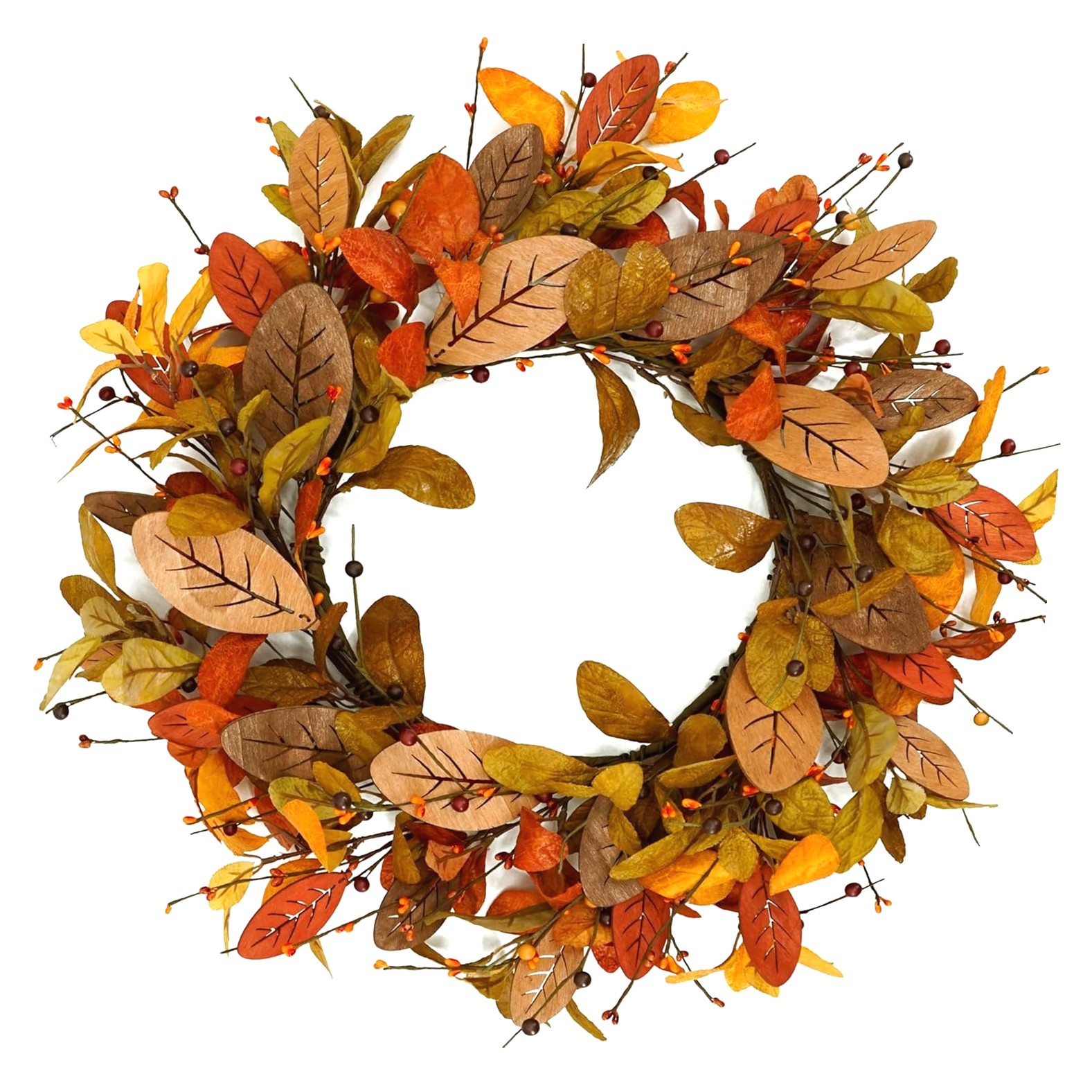 Coolnut Artificial 20 inch Fall Wreath Autumn Wreath with Wooden Leaves ...