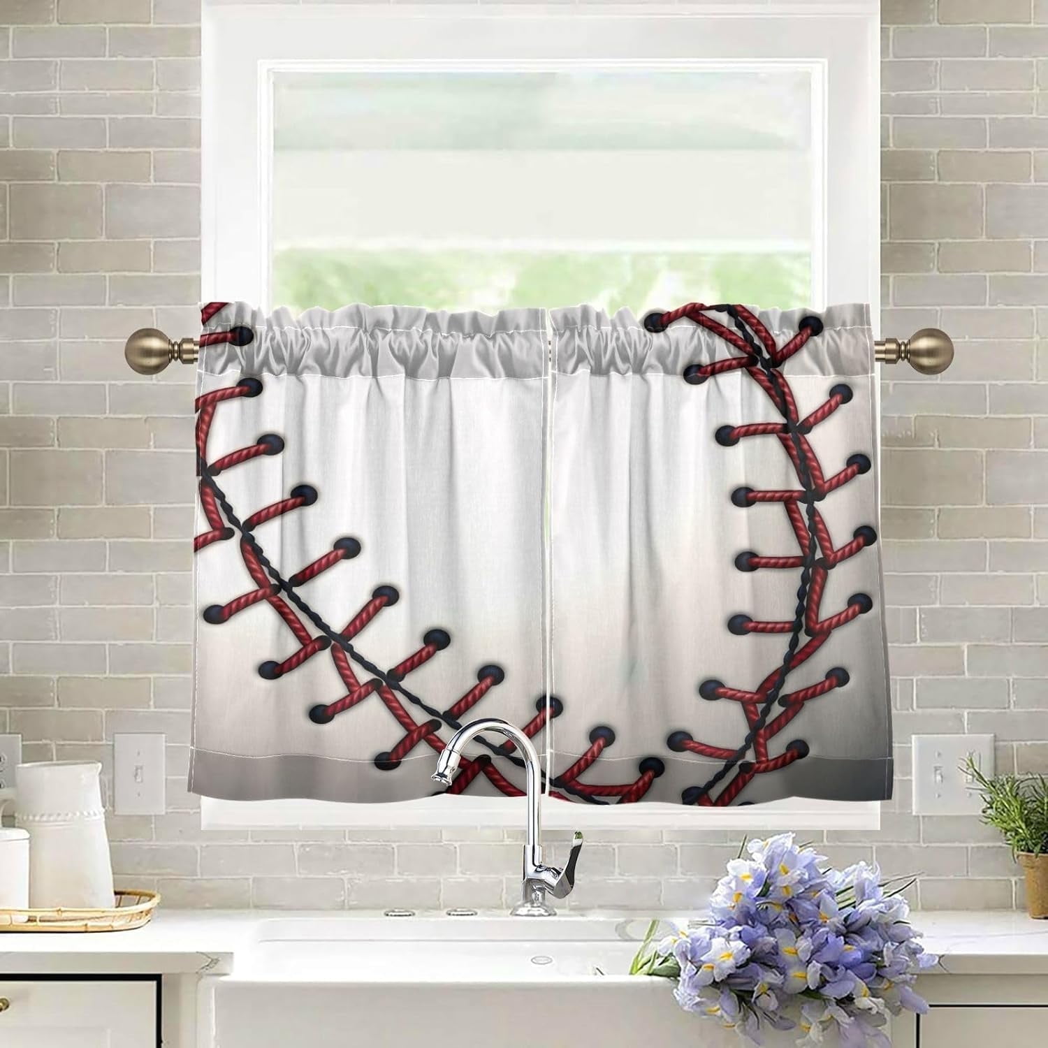 Coolnut Baseball Red Stripe Half Window Tier Curtains 24 Inch Blackout ...