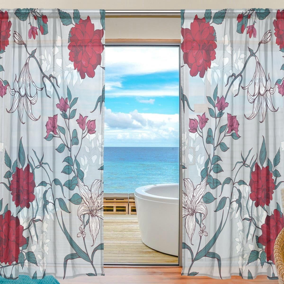 Coolnut Beautiful Elegant Flowers Sheer Gauze Door Curtain Window ...