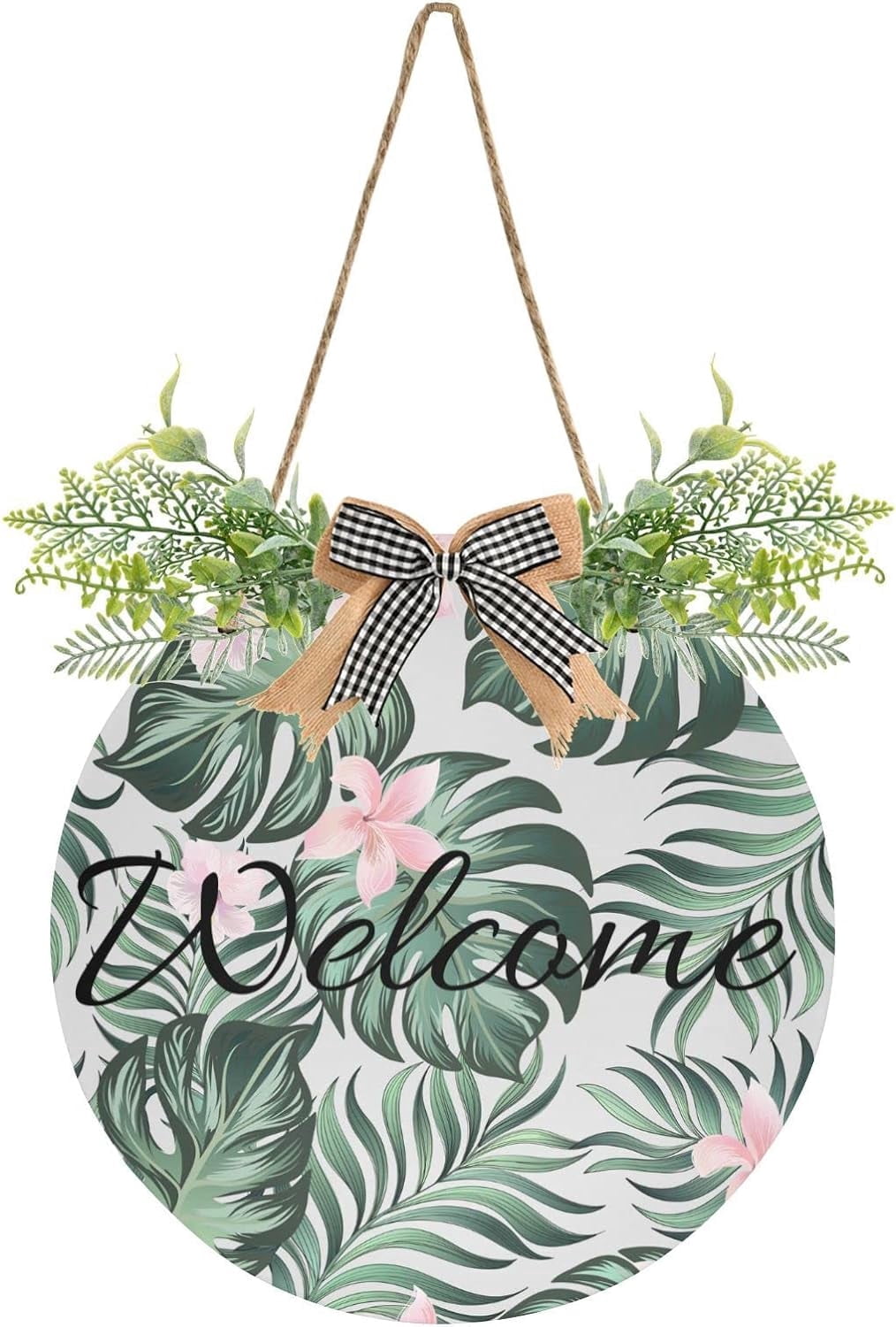 Coolnut Beautiful Pink Flower Tropical Palm Leaves Welcome Sign for ...