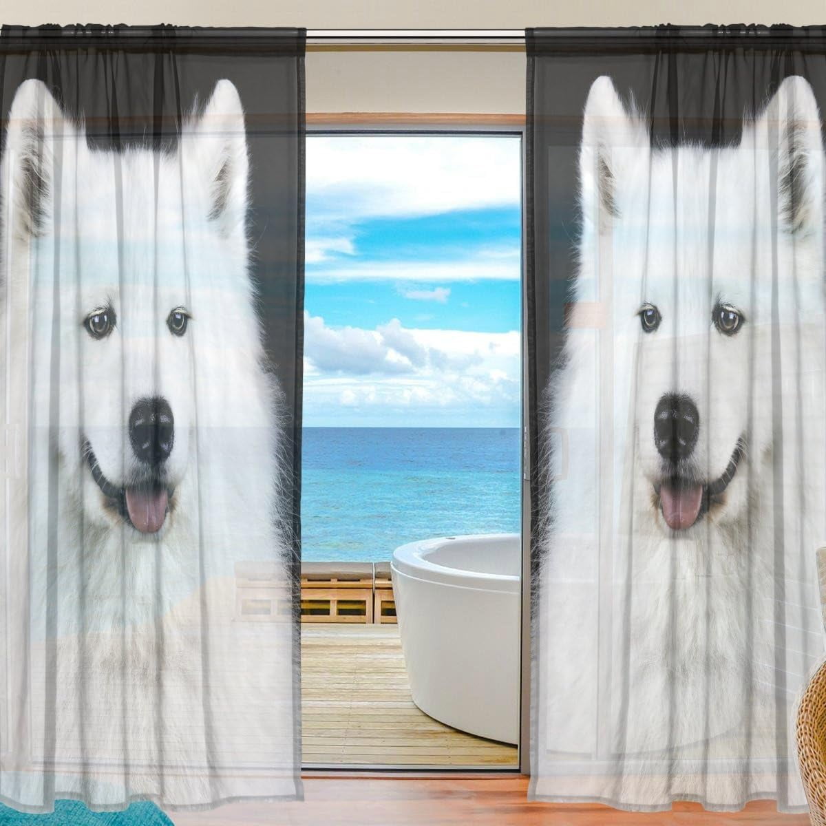 Coolnut Beautiful Samoyed Dog Sheer Gauze Door Curtain Window Curtain ...