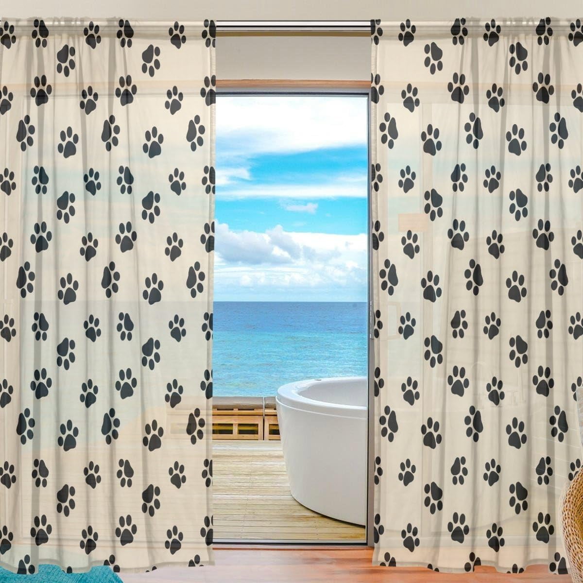 Coolnut Black Dog Paw Print Sheer Gauze Door Curtain Window Curtain ...