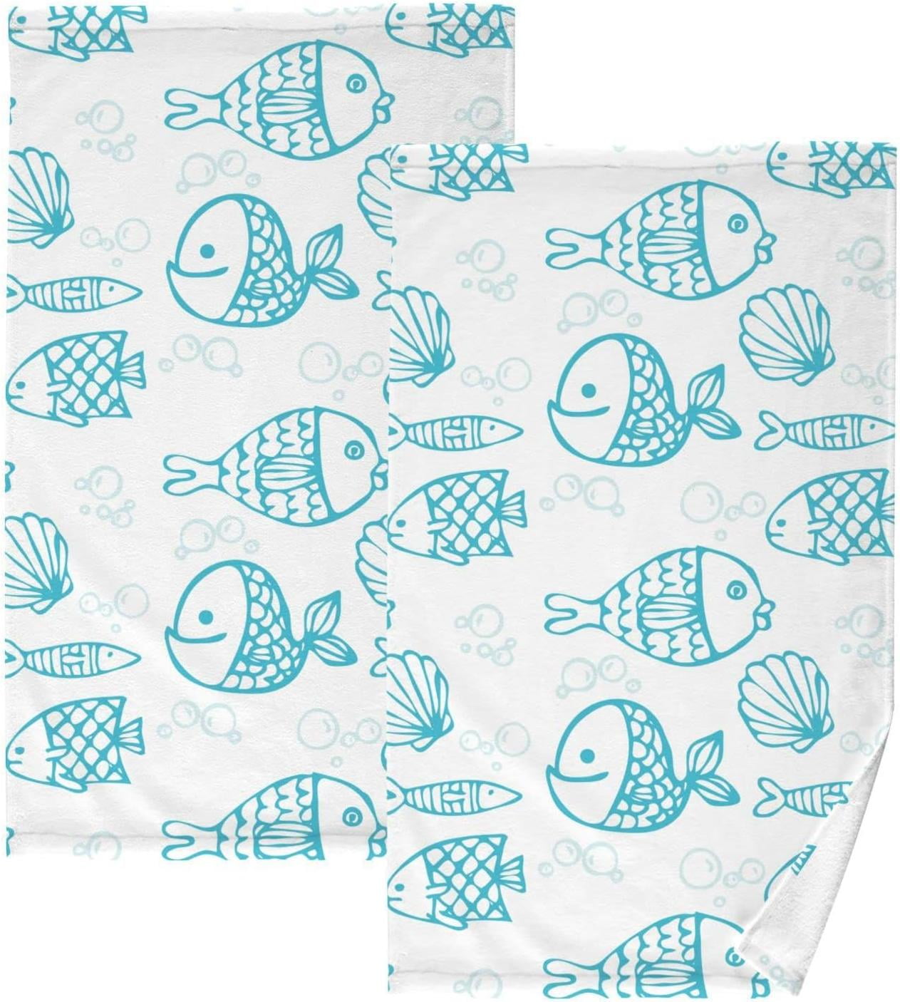 Coolnut Blue Drawn Fishes Patterned Hand Towels 2 PCS, Cotton Bath ...