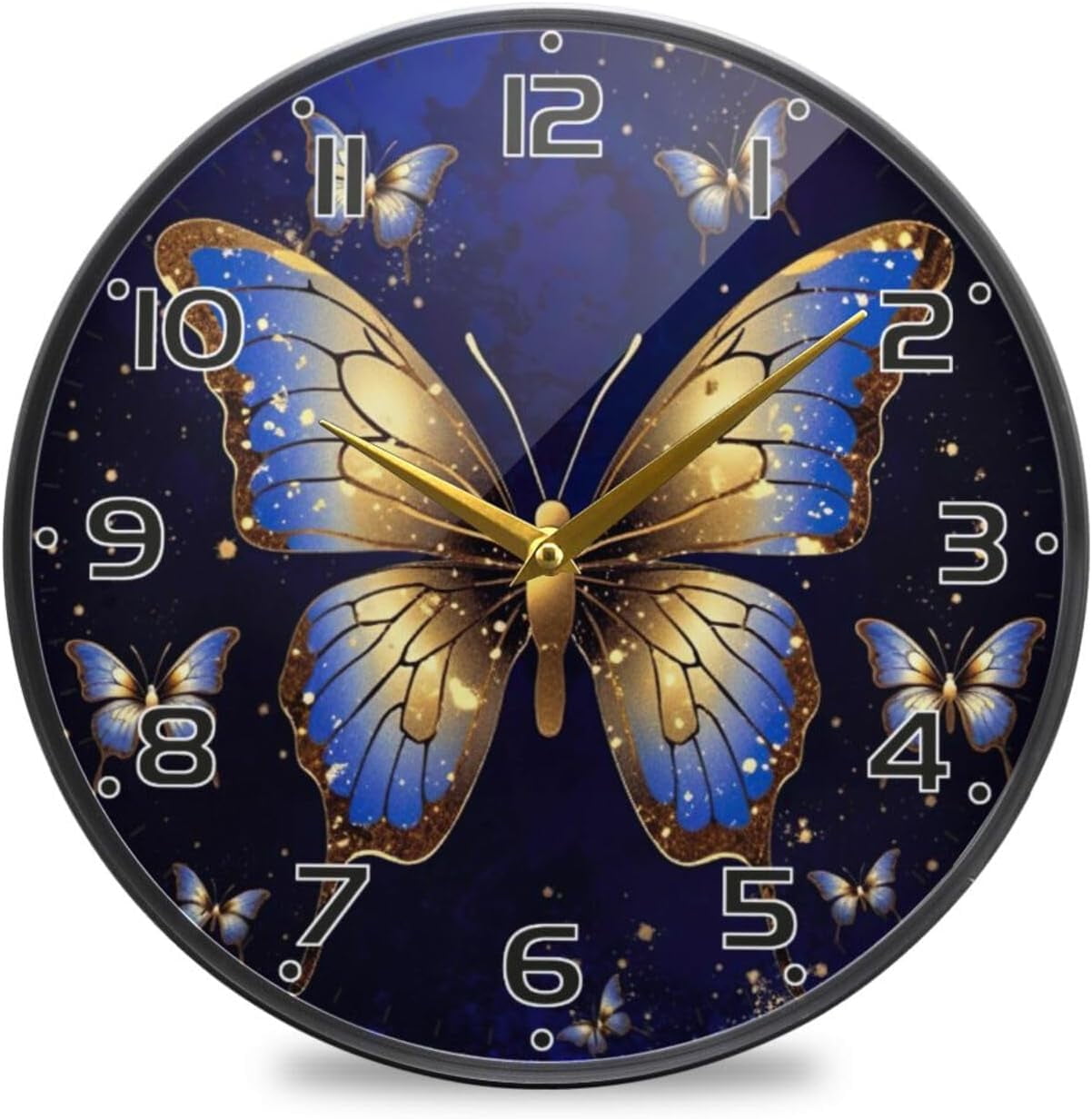 Coolnut Blue Gold Butterfly Wall Clock Round Silent Non Ticking Battery ...