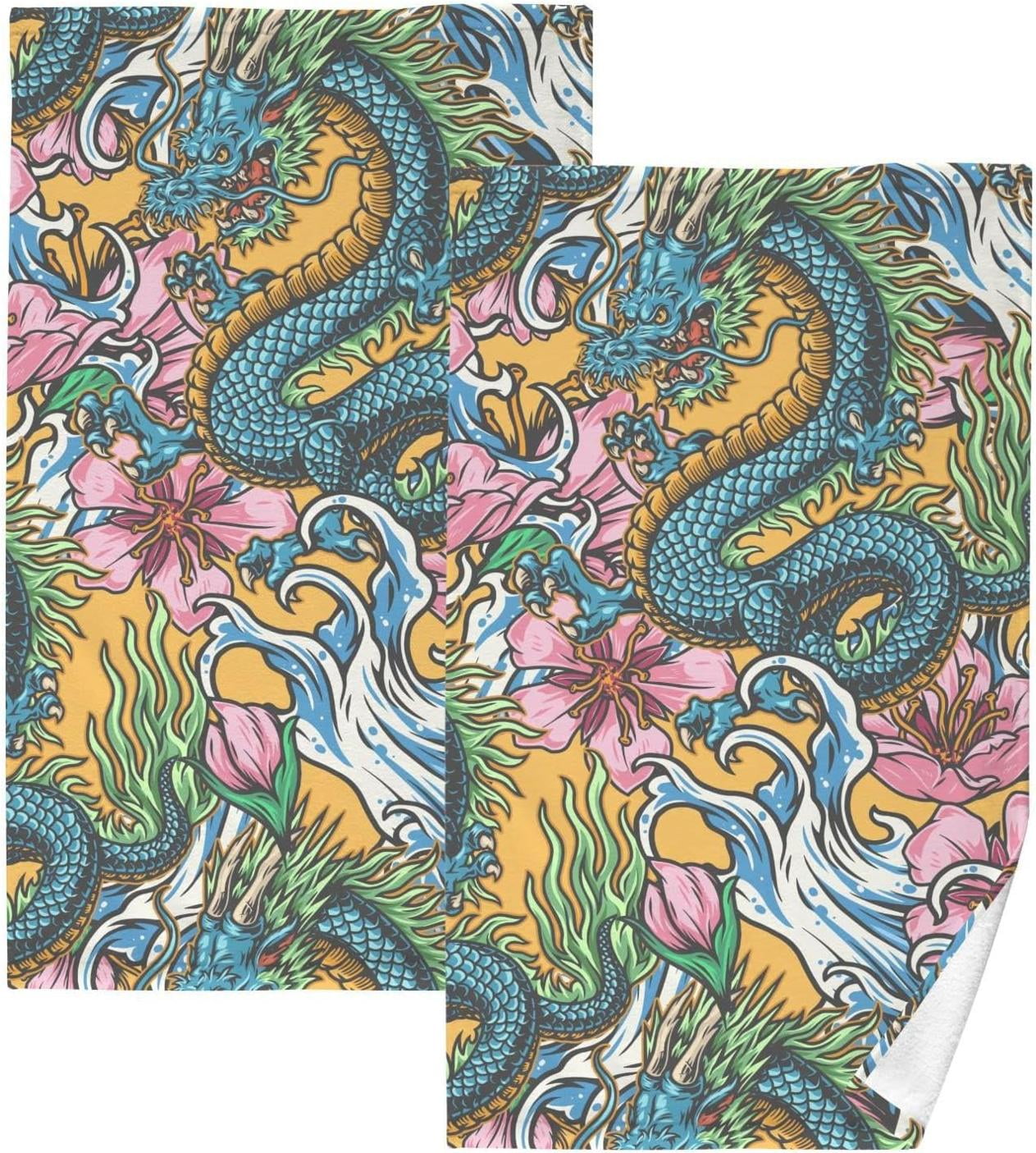 Coolnut Blue Japanese Dragon Patterned Hand Towels 2 PCS, Cotton Bath ...
