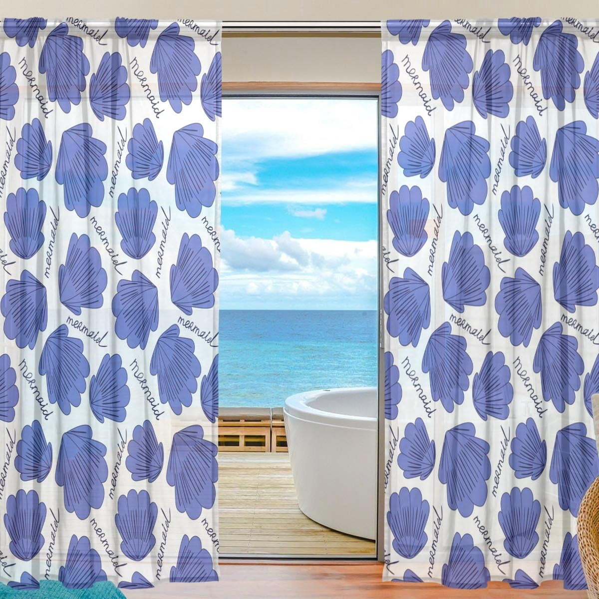 Coolnut Blue Shells Mermaid Word Sheer Gauze Door Curtain Window ...
