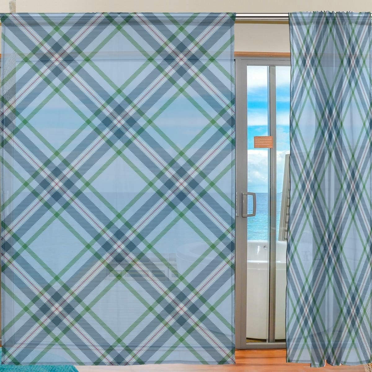 Coolnut Blue Tartan Texture Semi Sheer Curtains, 84"x55" Window Voile ...