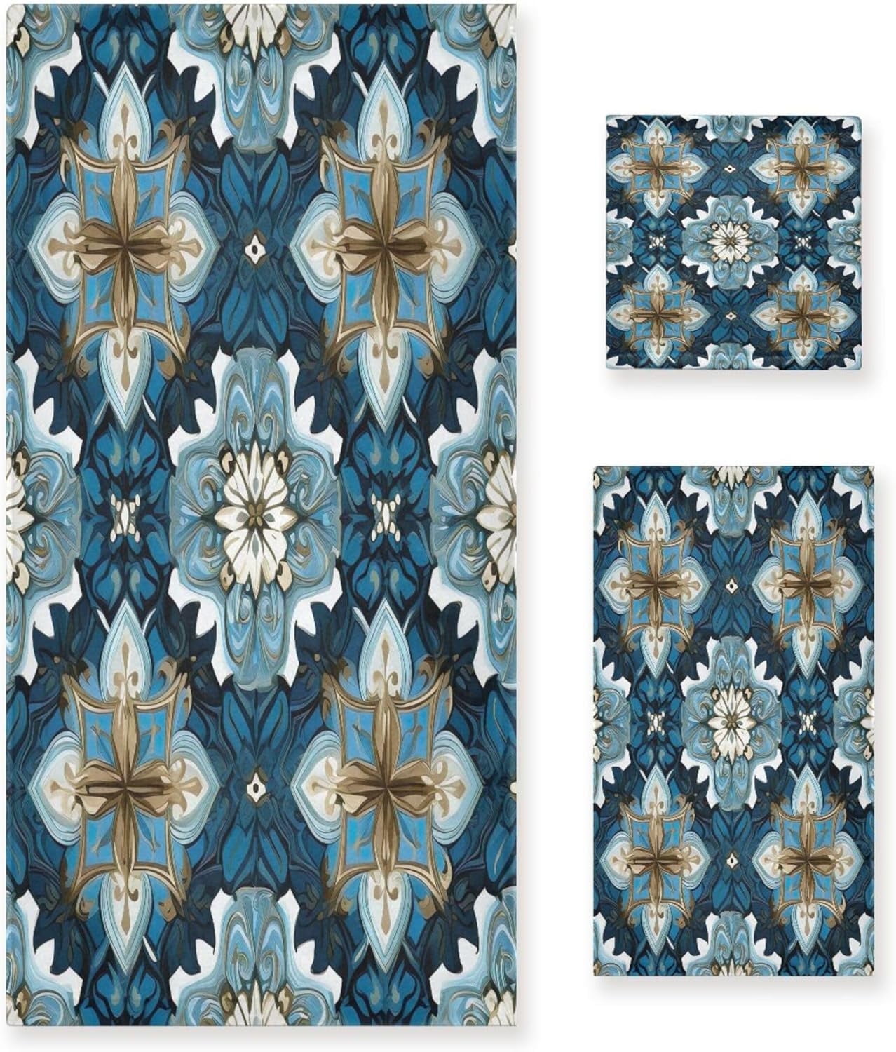 Coolnut Blue Tile Bathroom Towel Set of 3 with Hand Towel, Wash Cloths ...