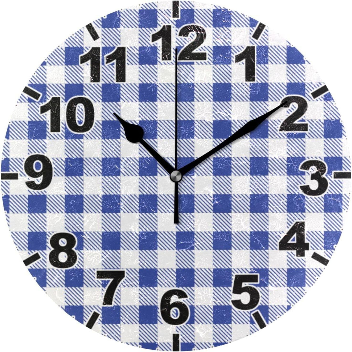 Coolnut Blue and White Checkered Round Wall Clock, Battery Operated ...