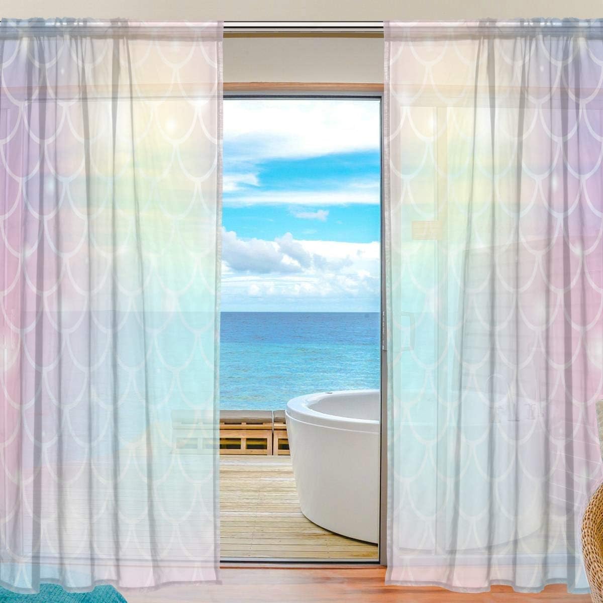 Coolnut Bright Mermaid Scales Semi Sheer Curtains Window Voile Drapes ...