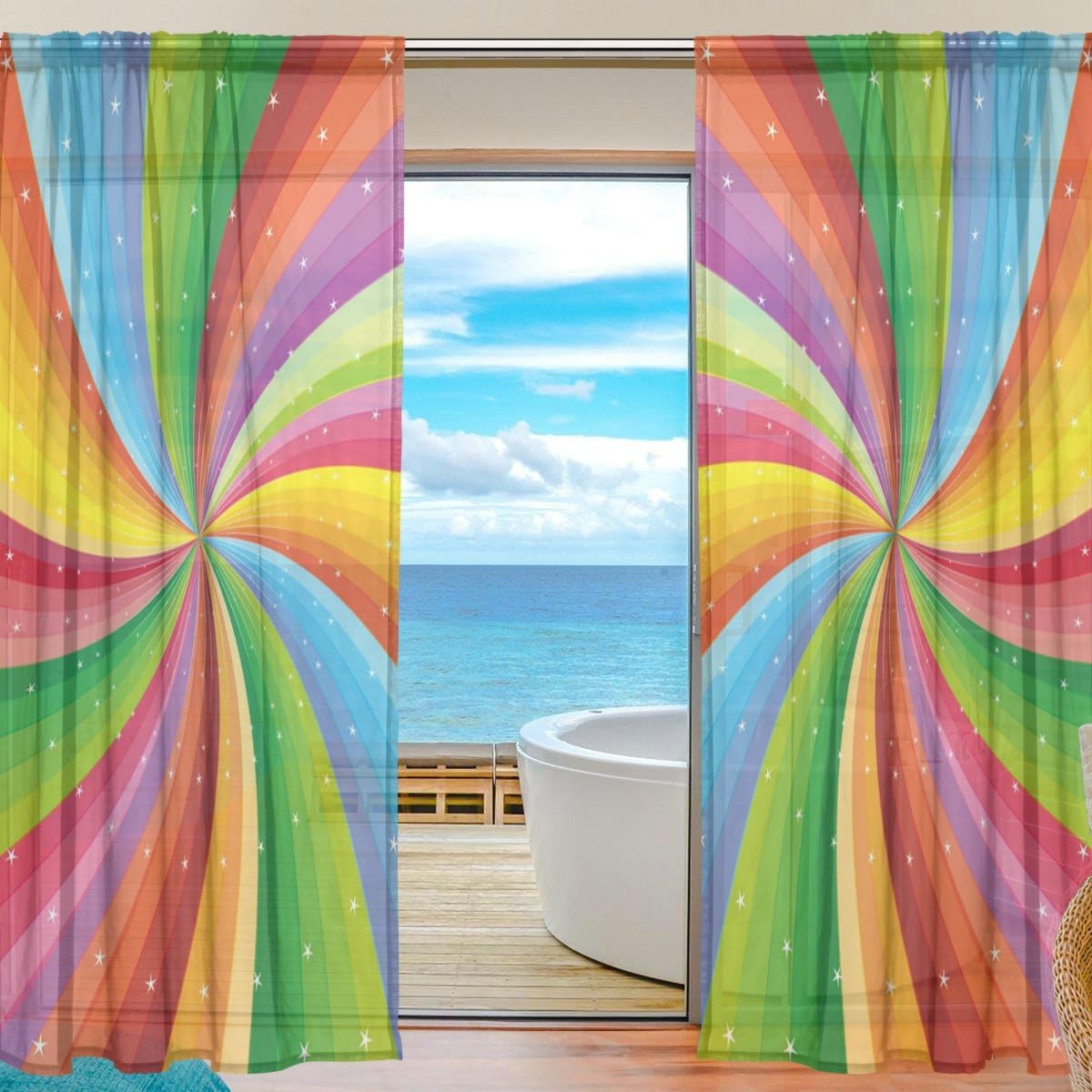 Coolnut Bright Rainbow Sheer Gauze Window Curtain Panels for Living ...