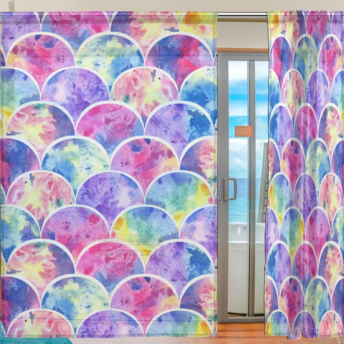 Coolnut Bright Scales Shapes Art Sheer Gauze Door Curtain Window ...