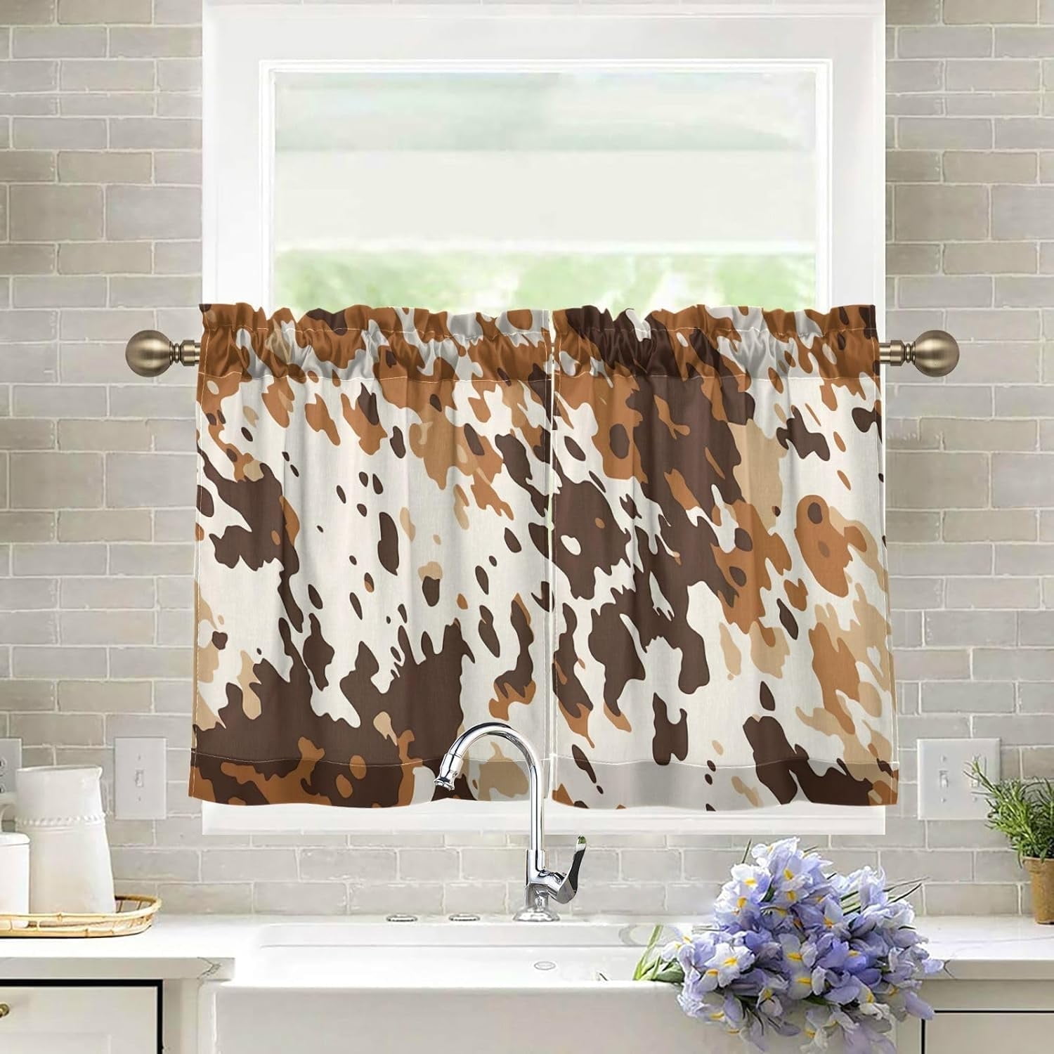 Coolnut Brown Cow Print Pattern Kitchen Curtains 24 Inch Length ...