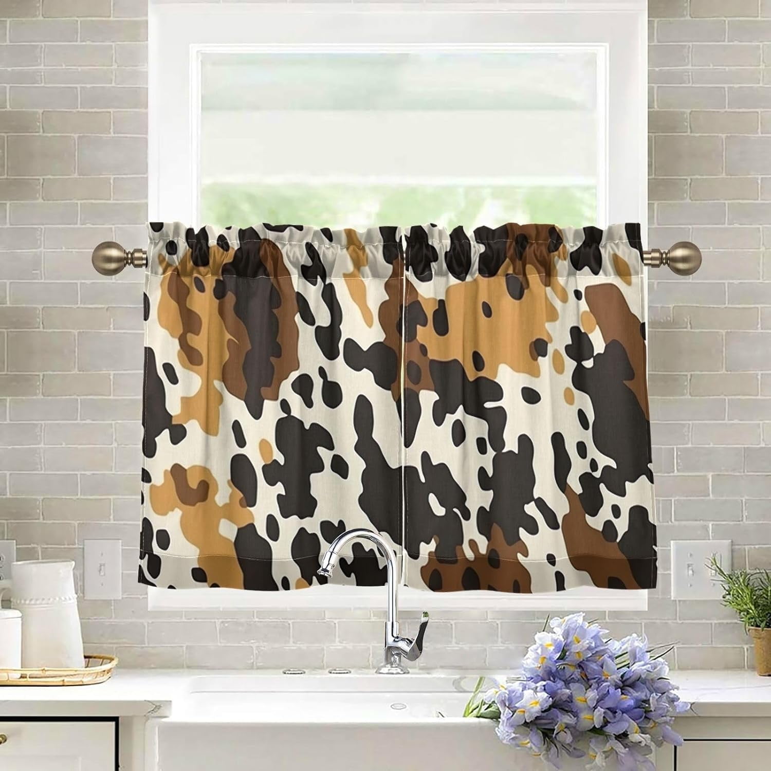 Coolnut Brown Cow Print Pattern Kitchen Curtains 36 Inch Length ...