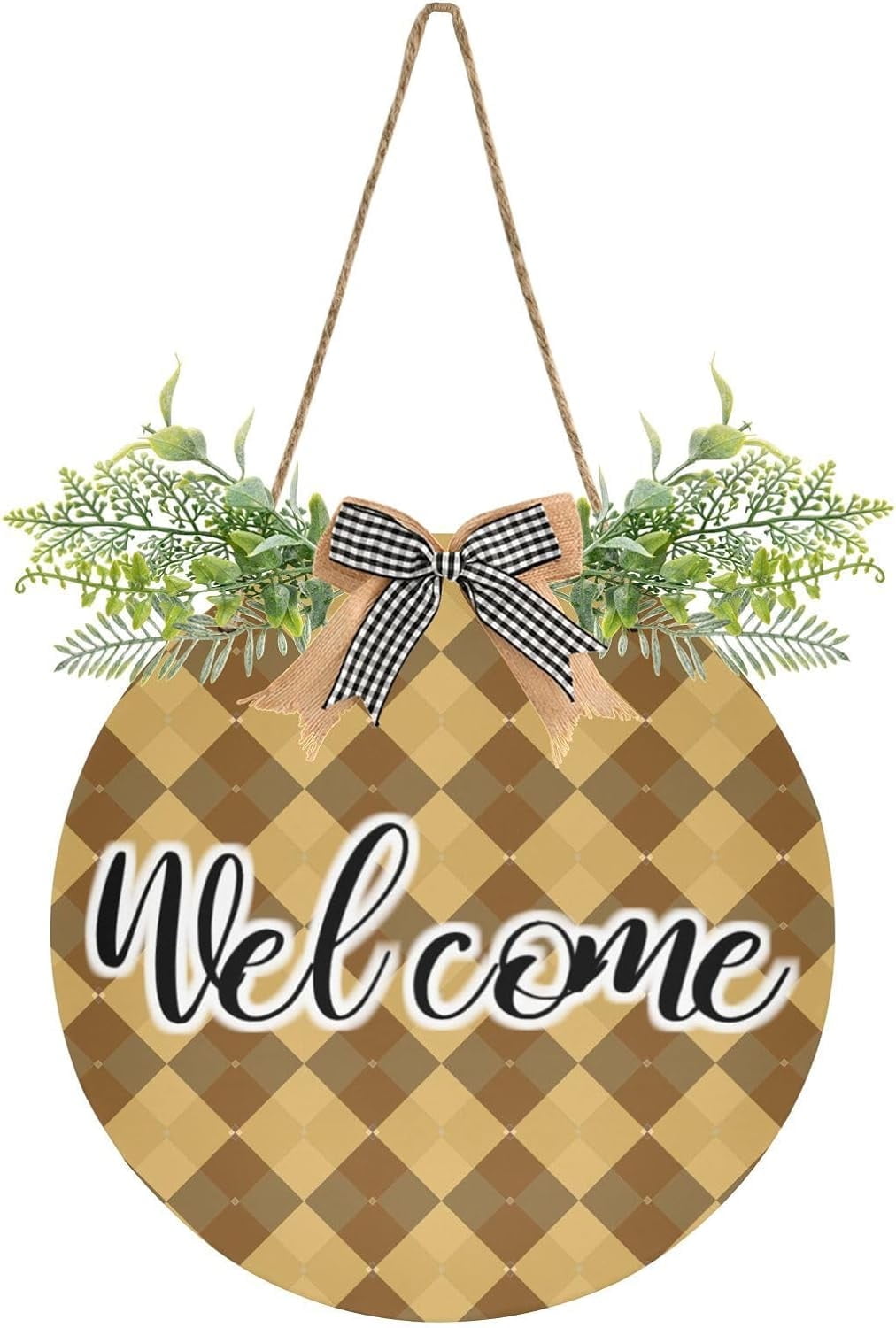 Coolnut Brown Grid Front Door Round, Hanging Welcome Sign, Front Door ...