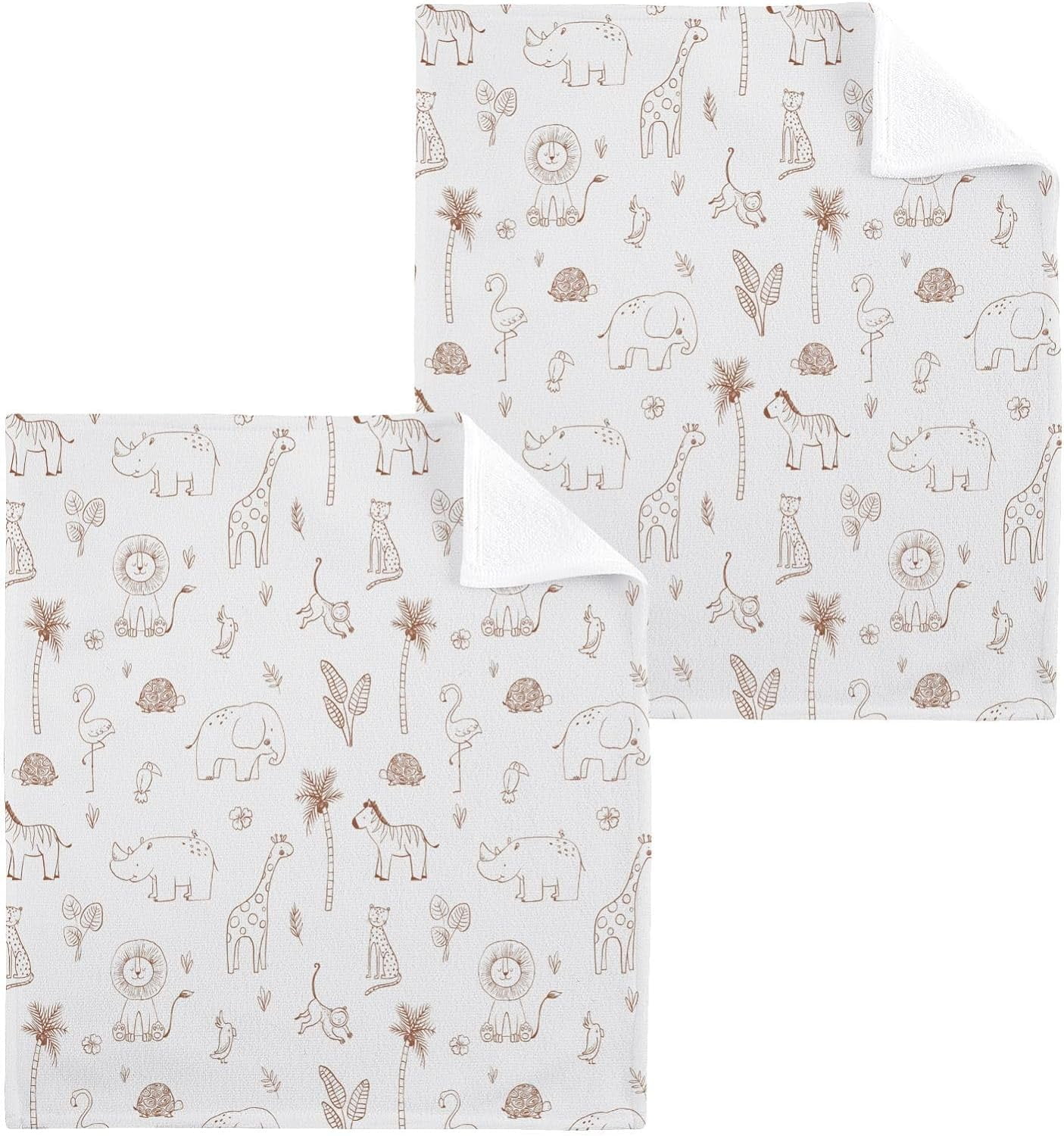 Coolnut Brown Safari Animals Wash Cloth Set of 2, 12 x 12 Inch Cotton ...