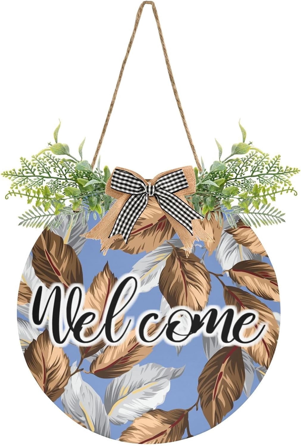 Coolnut Brown and Grey Leaves Front Door Round, Hanging Welcome Sign ...