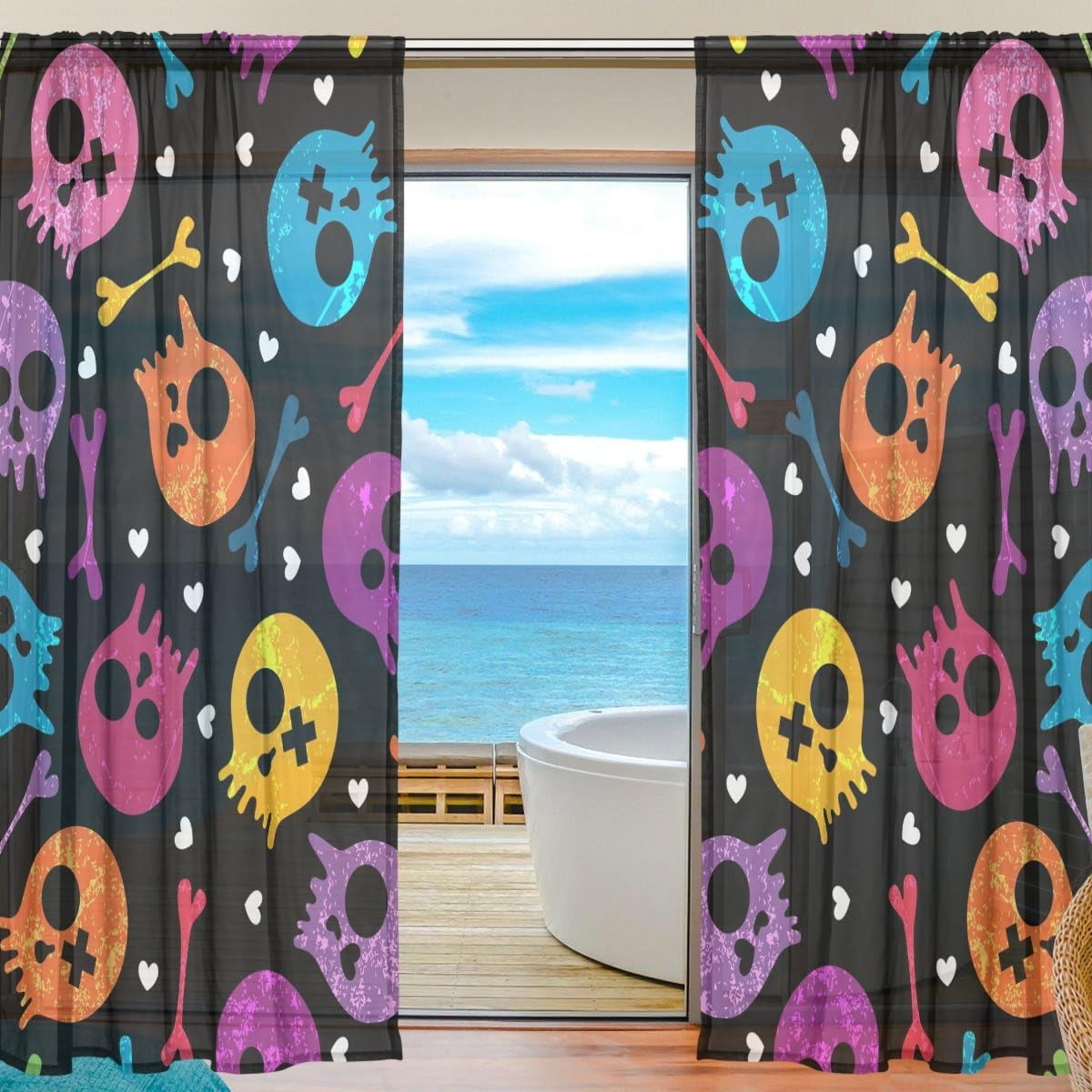 Coolnut Brush Skull Bones Sheer Gauze Door Curtain Window Curtain ...