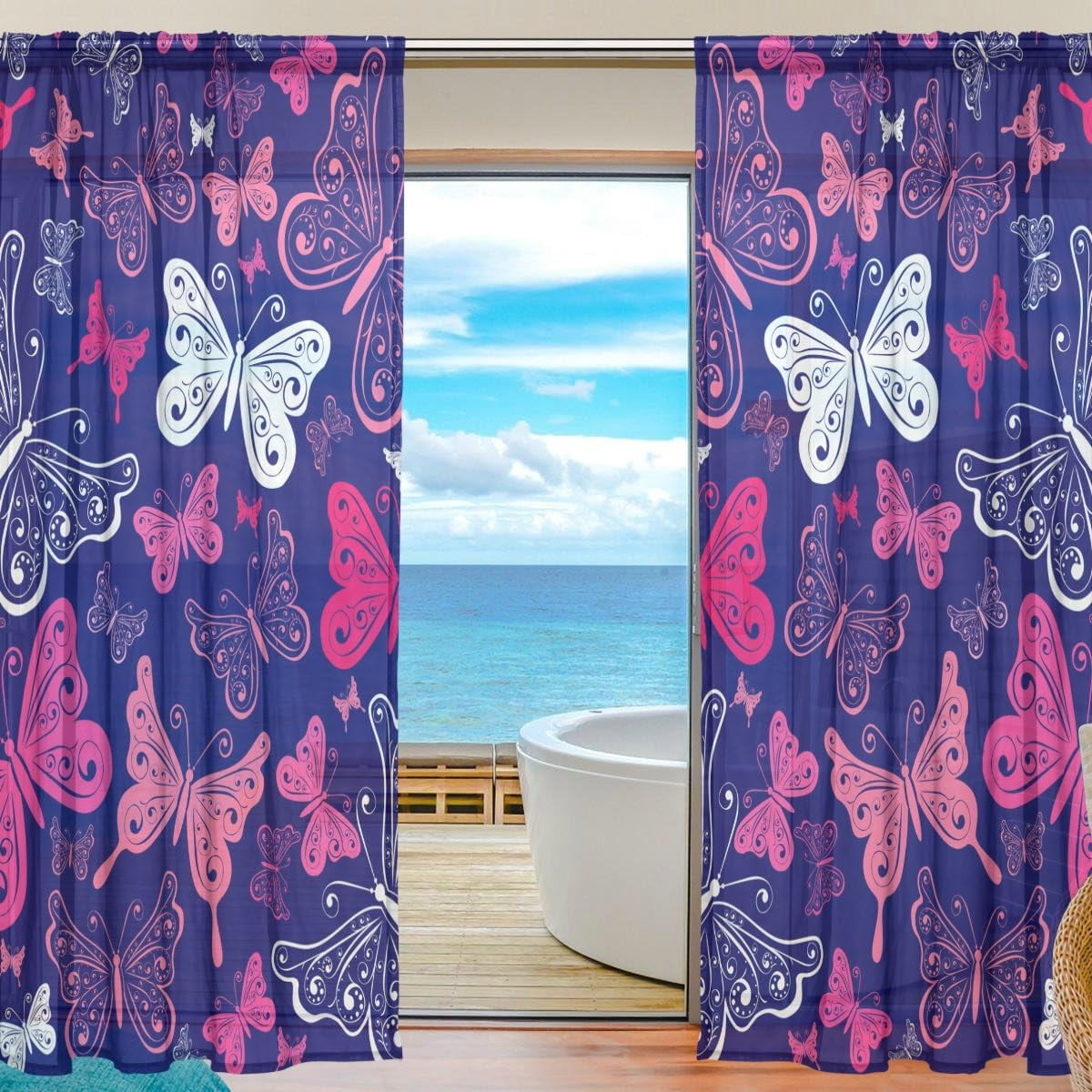 Coolnut Butterflies Sheer Gauze Door Curtain Window Curtain Drapes for Living Room Kids Bedroom ...