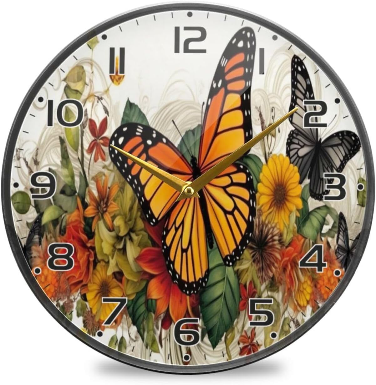 Coolnut Butterfly Flower Yellow Wall Clock Round Silent Non Ticking ...