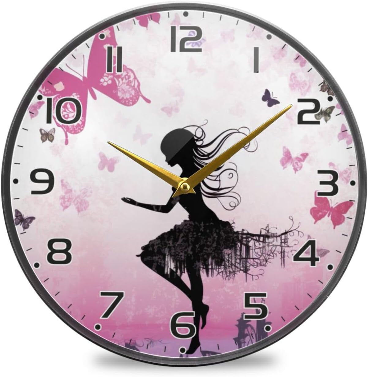 Coolnut Butterfly Girl Wall Clock Round Silent Non Ticking Battery ...