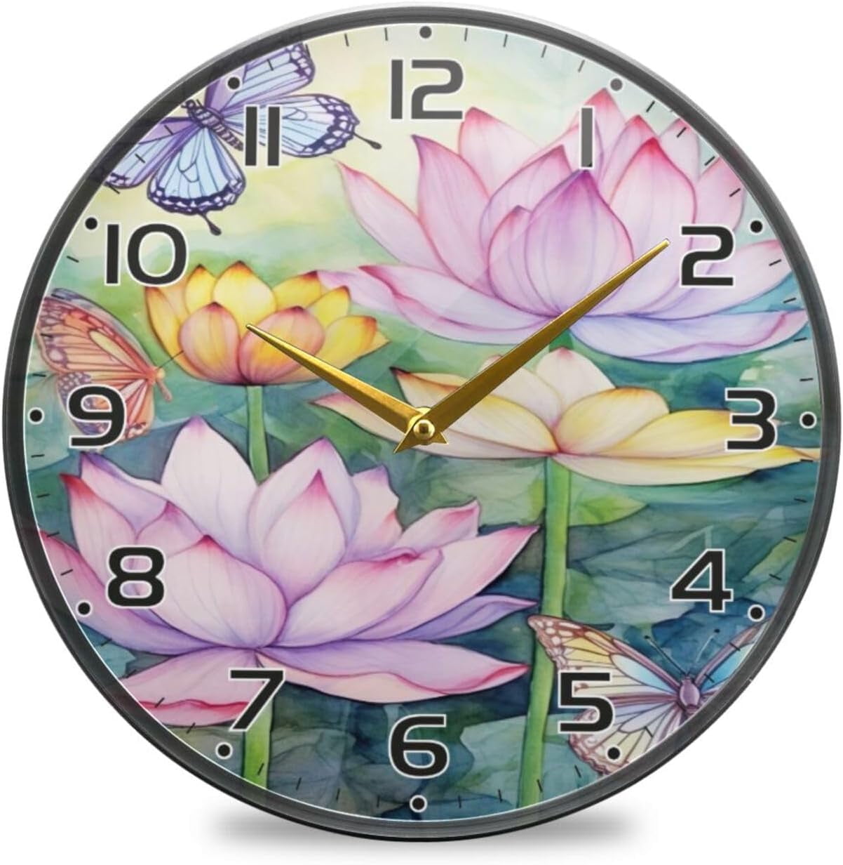 Coolnut Butterfly Lotus Painting Wall Clock Round Silent Non Ticking ...