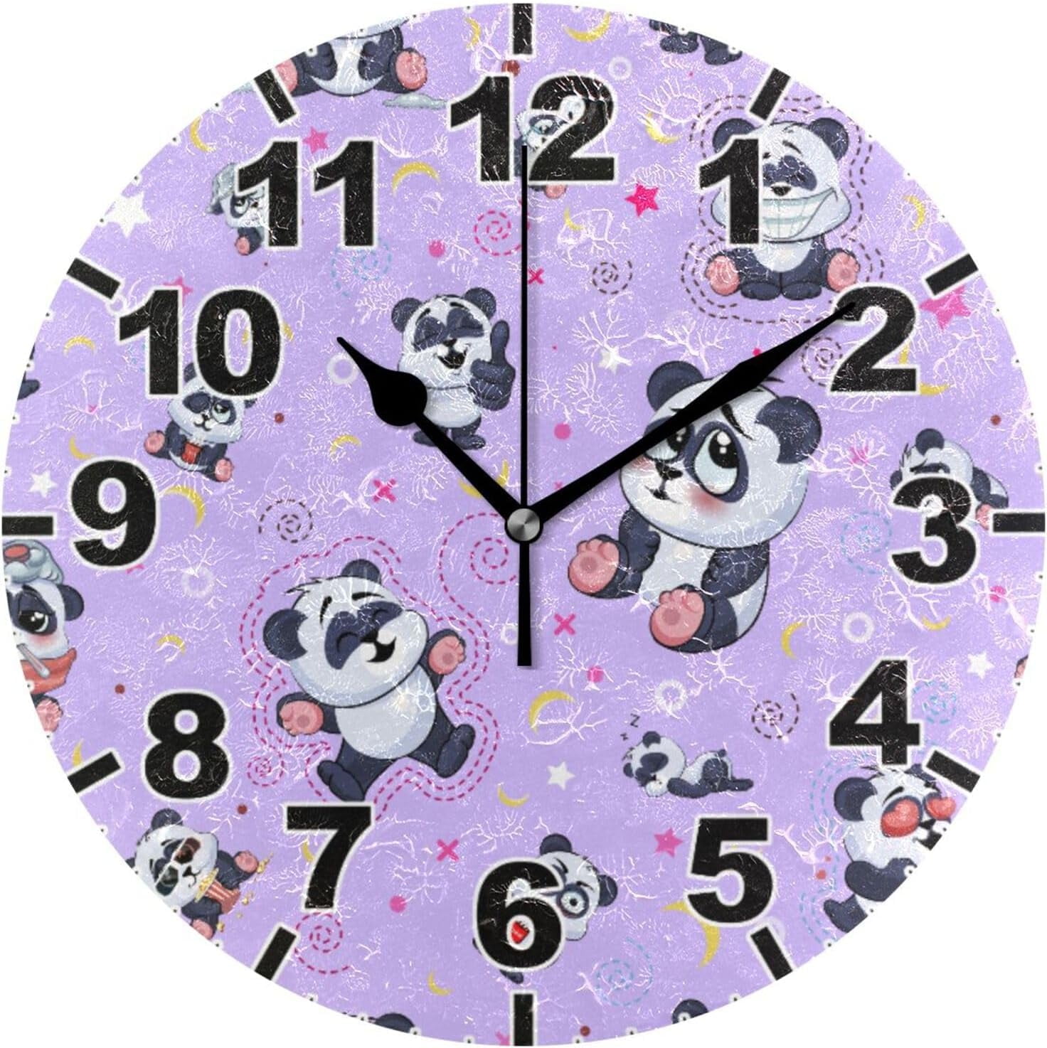 Coolnut Cartoon Pandas Round Wall Clock, Battery Operated Silent Non Ticking Desk Clock for Home ...