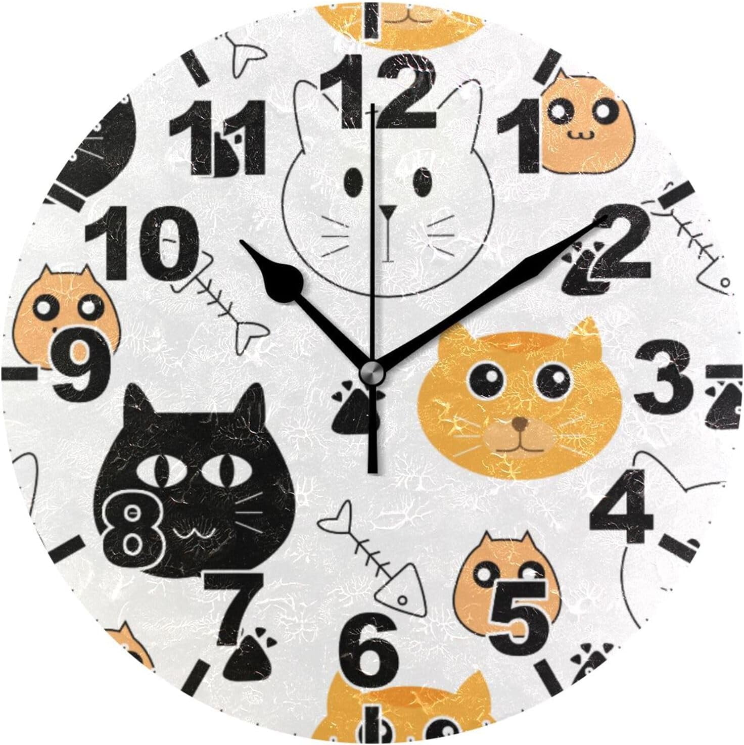 Coolnut Cat Head Paws Fish Bone Round Wall Clock, Battery Operated ...