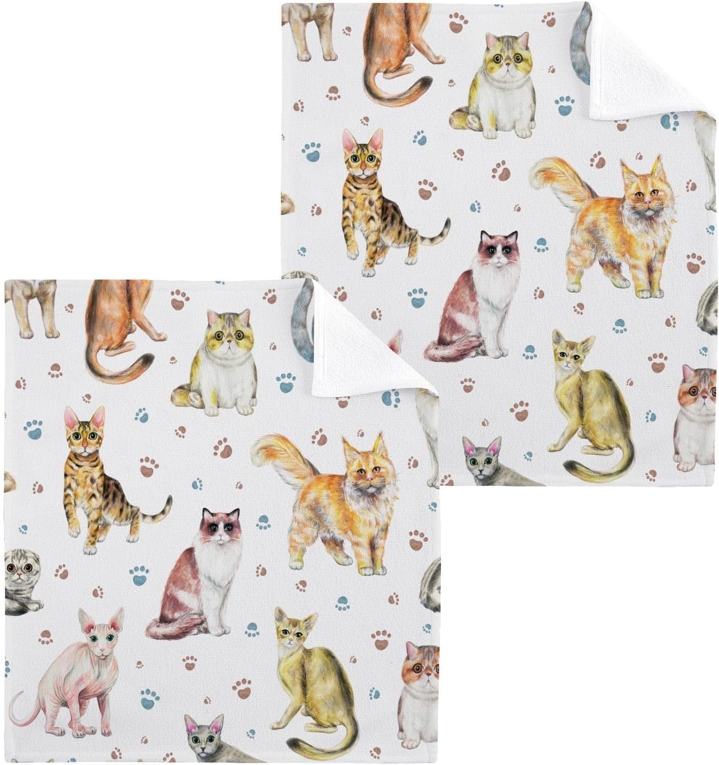 Coolnut Cats and Footprints Wash Cloth Set of 4, 12 x 12 Inch Cotton ...