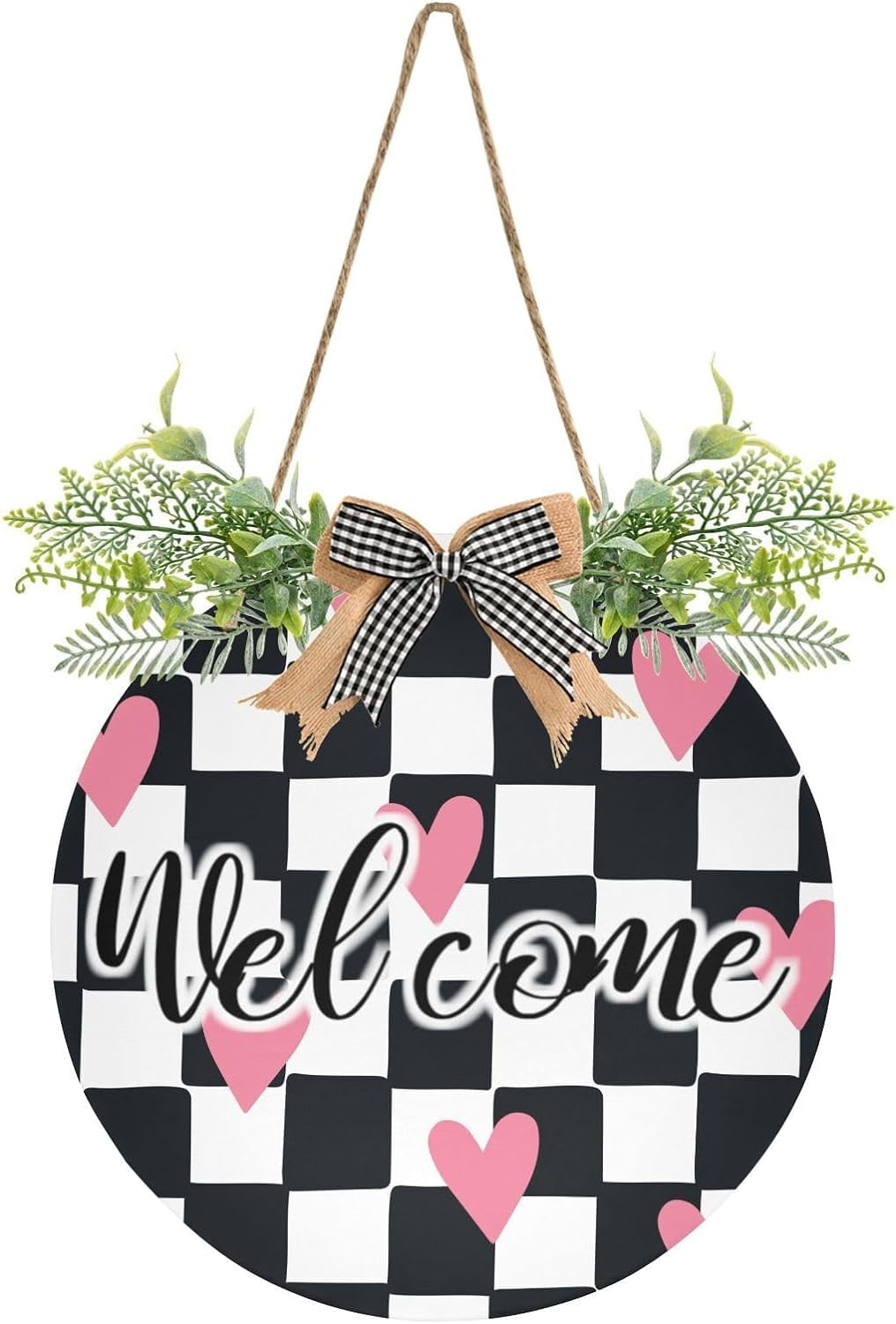 Coolnut Checkerboard and Hearts Front Door Round, Hanging Welcome Sign ...
