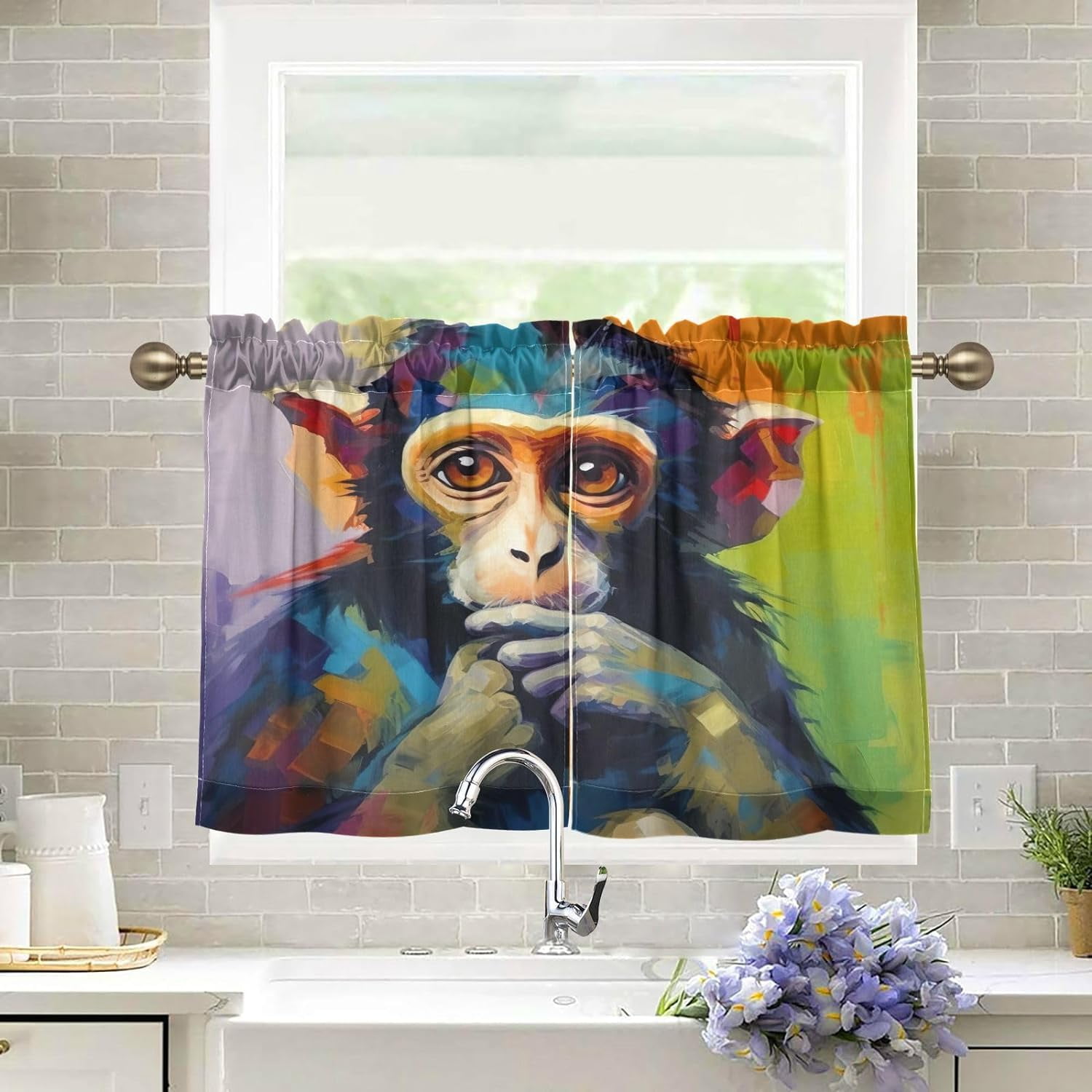 Coolnut Colorful Cute Monkey Half Window Tier Curtains 36 Inch Blackout Thermal Insulating ...