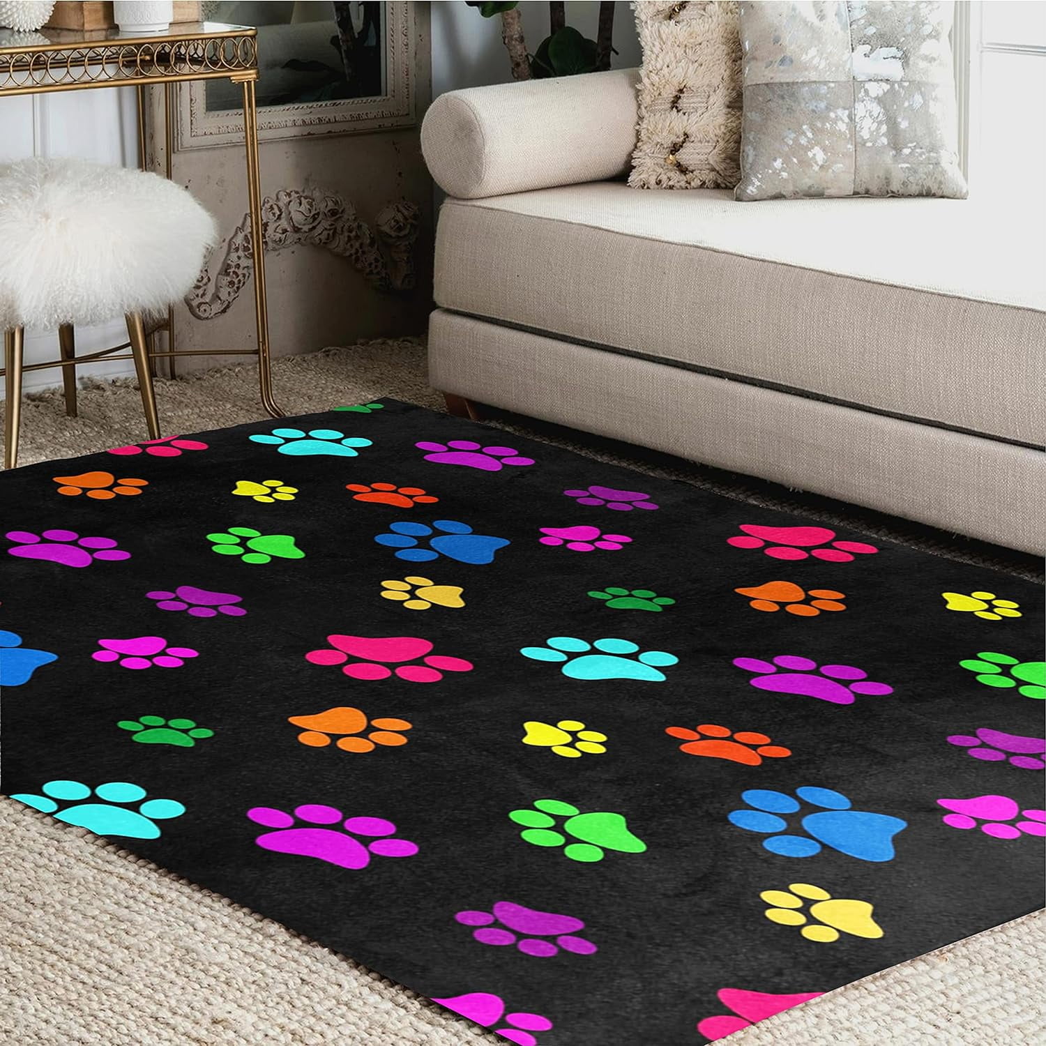 Coolnut Colorful Dog Paw Print Black Area Rug Rugs for Living Room ...