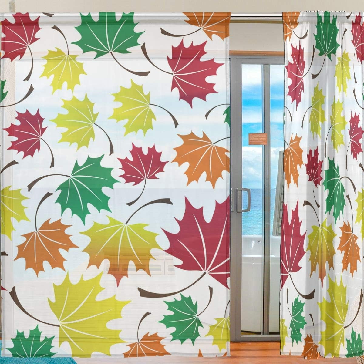 Coolnut Colorful Leaves Pattern Sheer Gauze Door Curtain Window Curtain ...